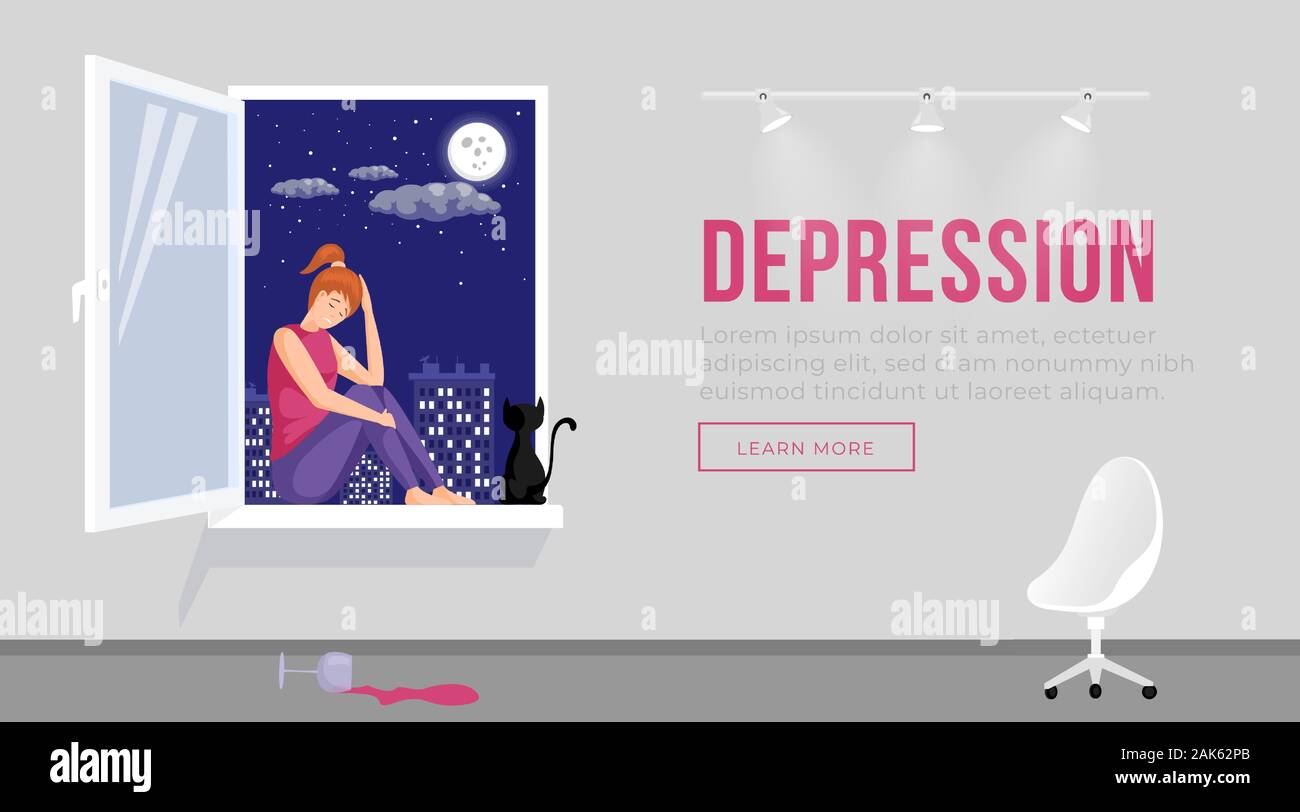 Depression landing page template illustration. Girl with sad face ...