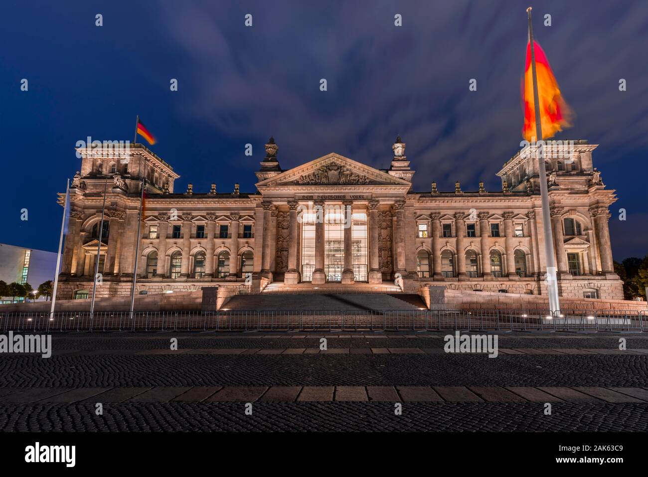 Reichstag with waving German flag, night photograph, government ...
