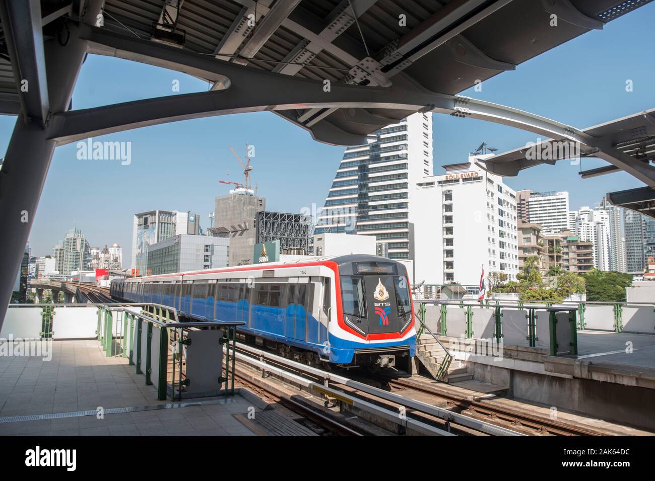 a skytrain of BTS in Silom in the city of Bangkok in Thailand in ...