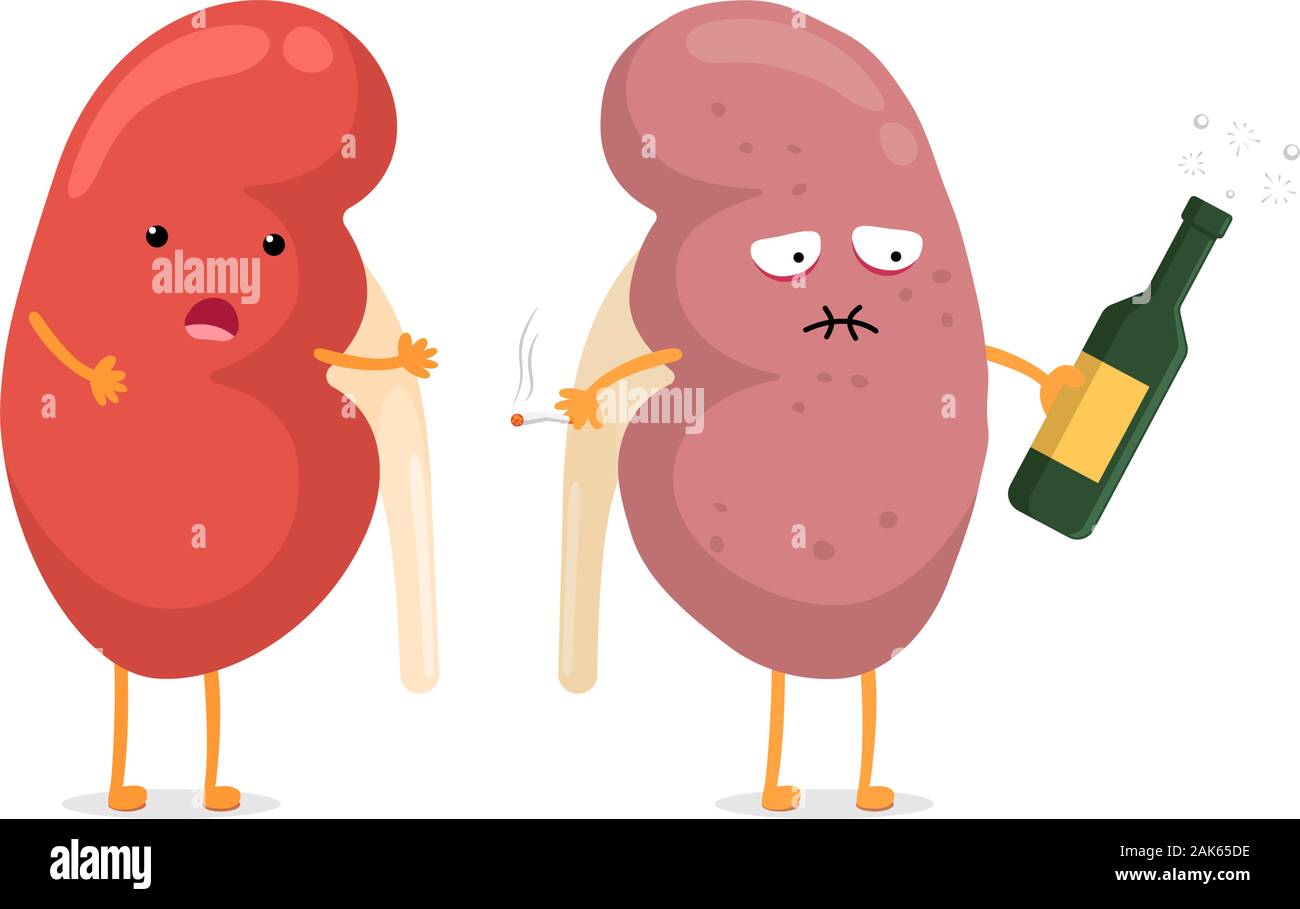 Cute healthy and sad suffering sick kidney character with alcohol and ...