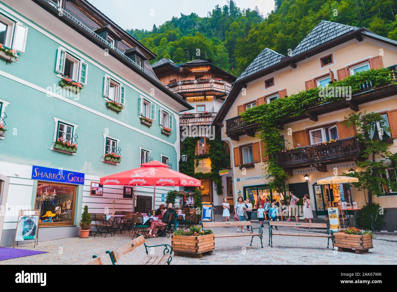 Hallstatt, Austria - June 15, 2019: hallstatt central square tourist ...
