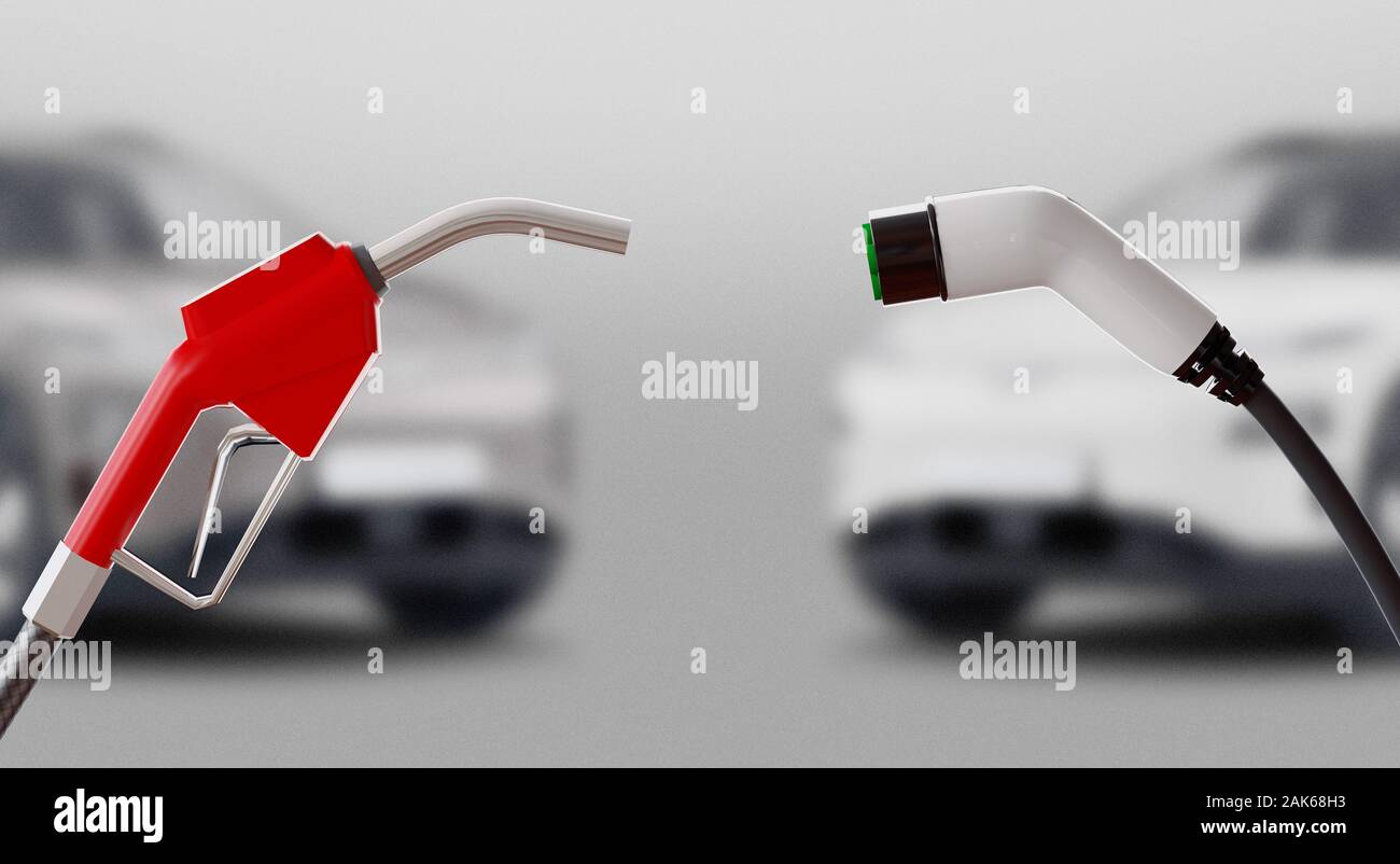 Diesel versus electric. Gas or electric station. 3d rendering Stock ...