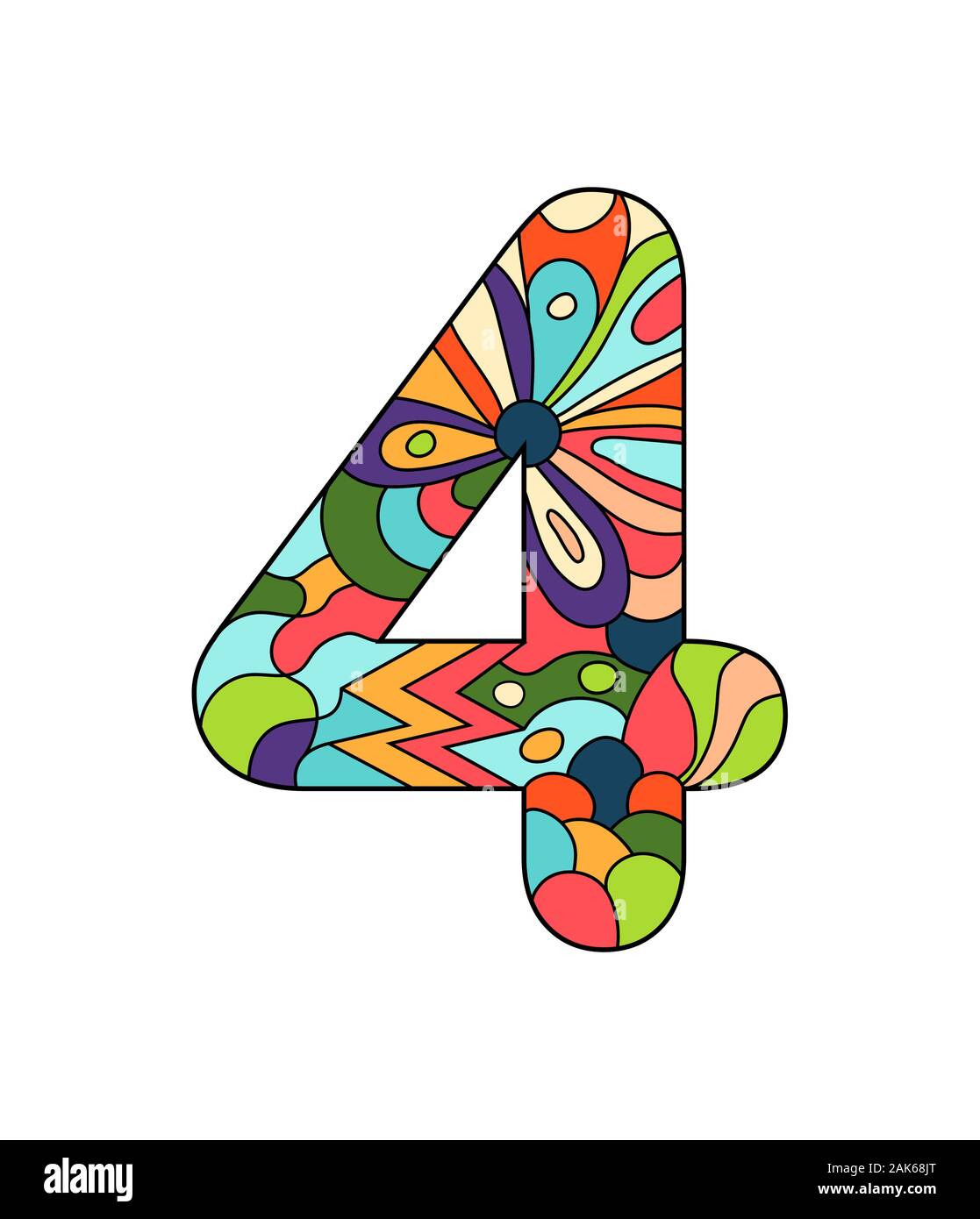 Color vector illustration, number four in Zentangle style. Filled color ...