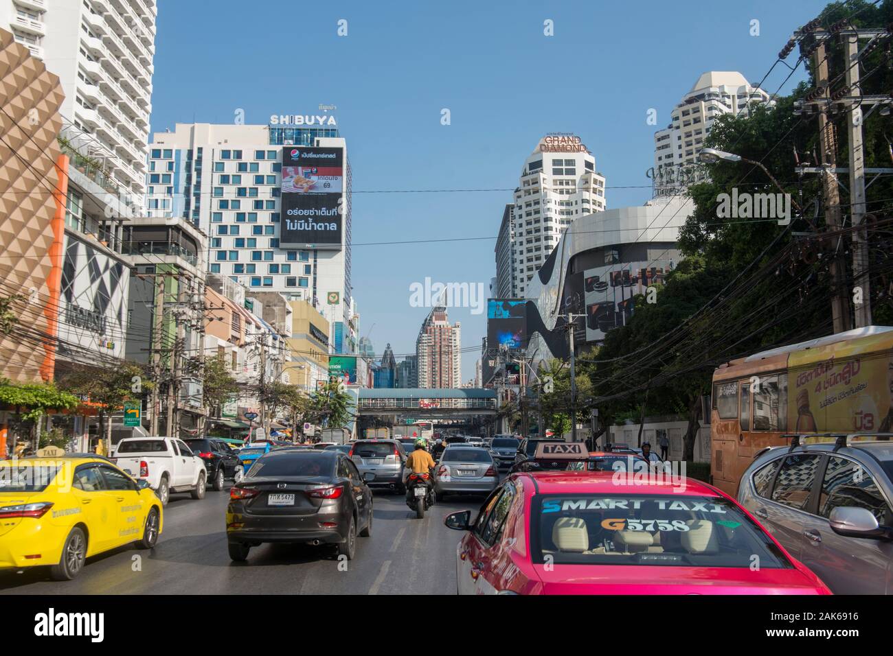 the skyline at the Phetchaburi road in the city of Bangkok in Thailand ...