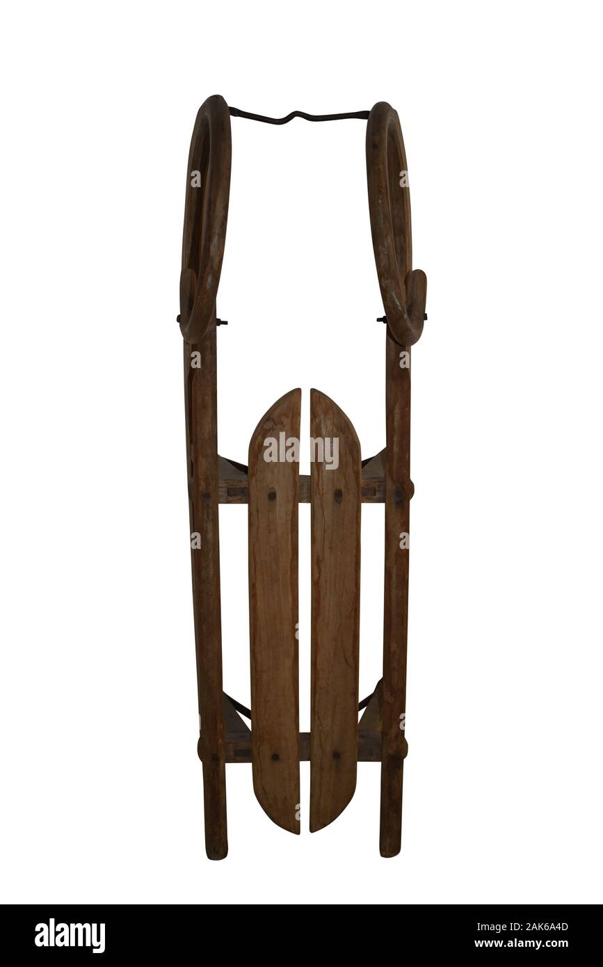 Old vintage wooden snow slider isolated on white background with ...