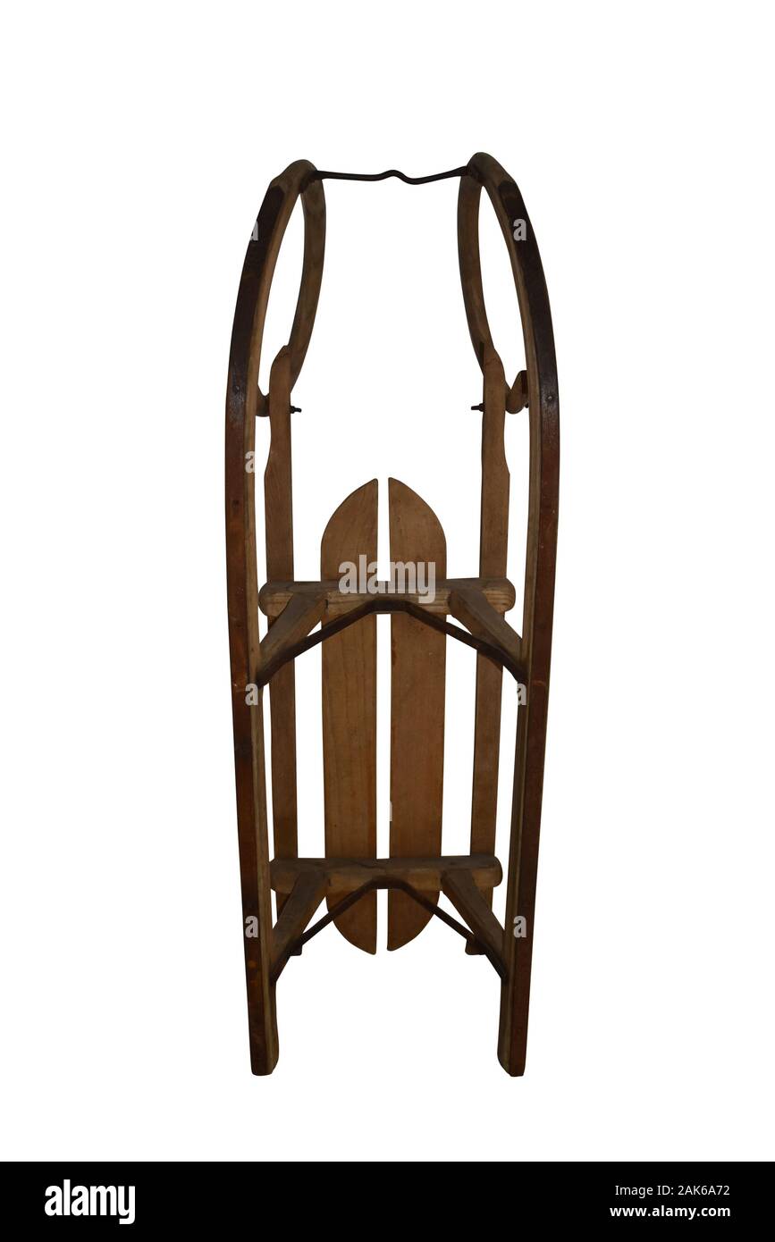 Old vintage wooden snow slider isolated on white background with ...