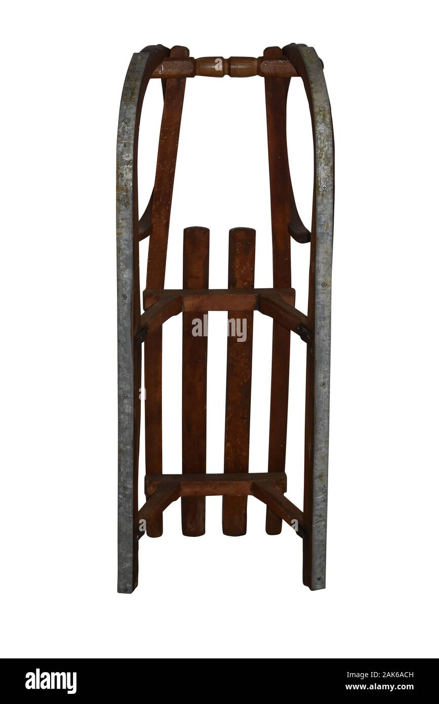 Old vintage wooden snow slider isolated on white background with ...