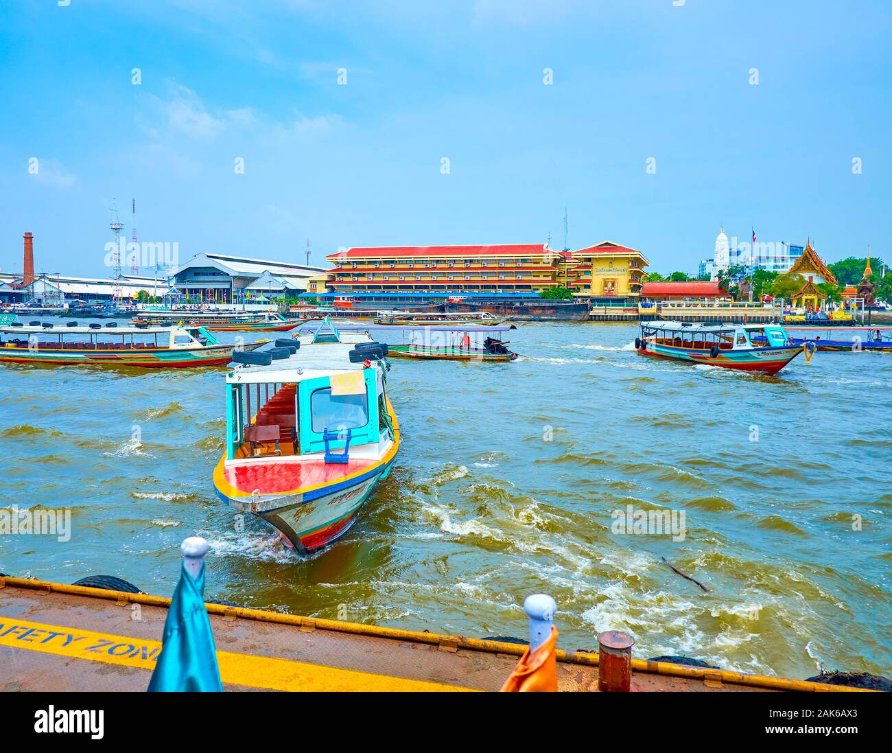 BANGKOK, THAILAND - APRIL 15, 2019: The old passenger speed boat sails ...