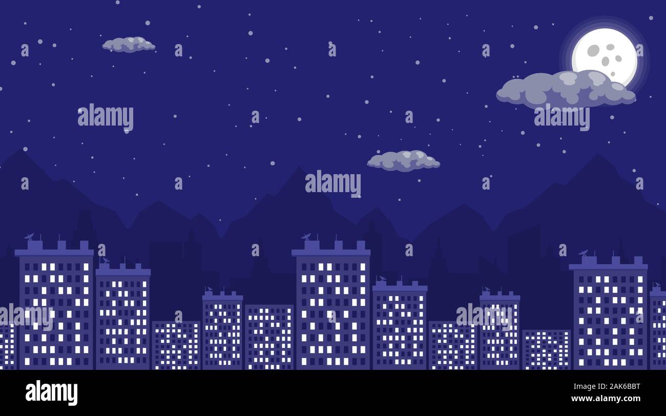 Night city view flat vector illustration. Sleeping quarters at night ...