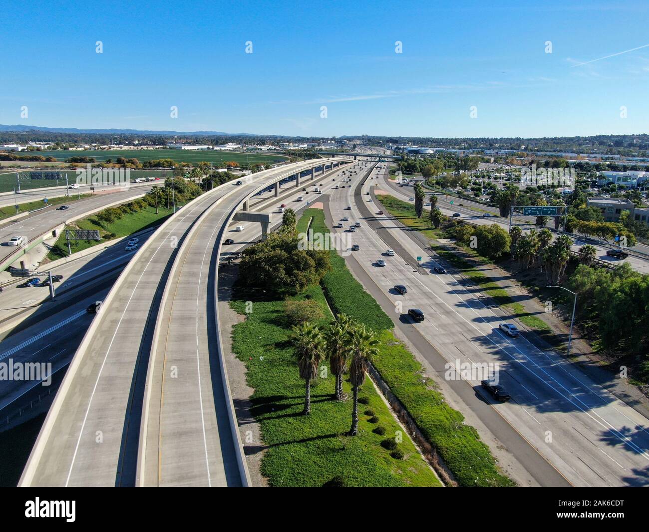 Aerial view of highway transportation with small traffic, highway ...