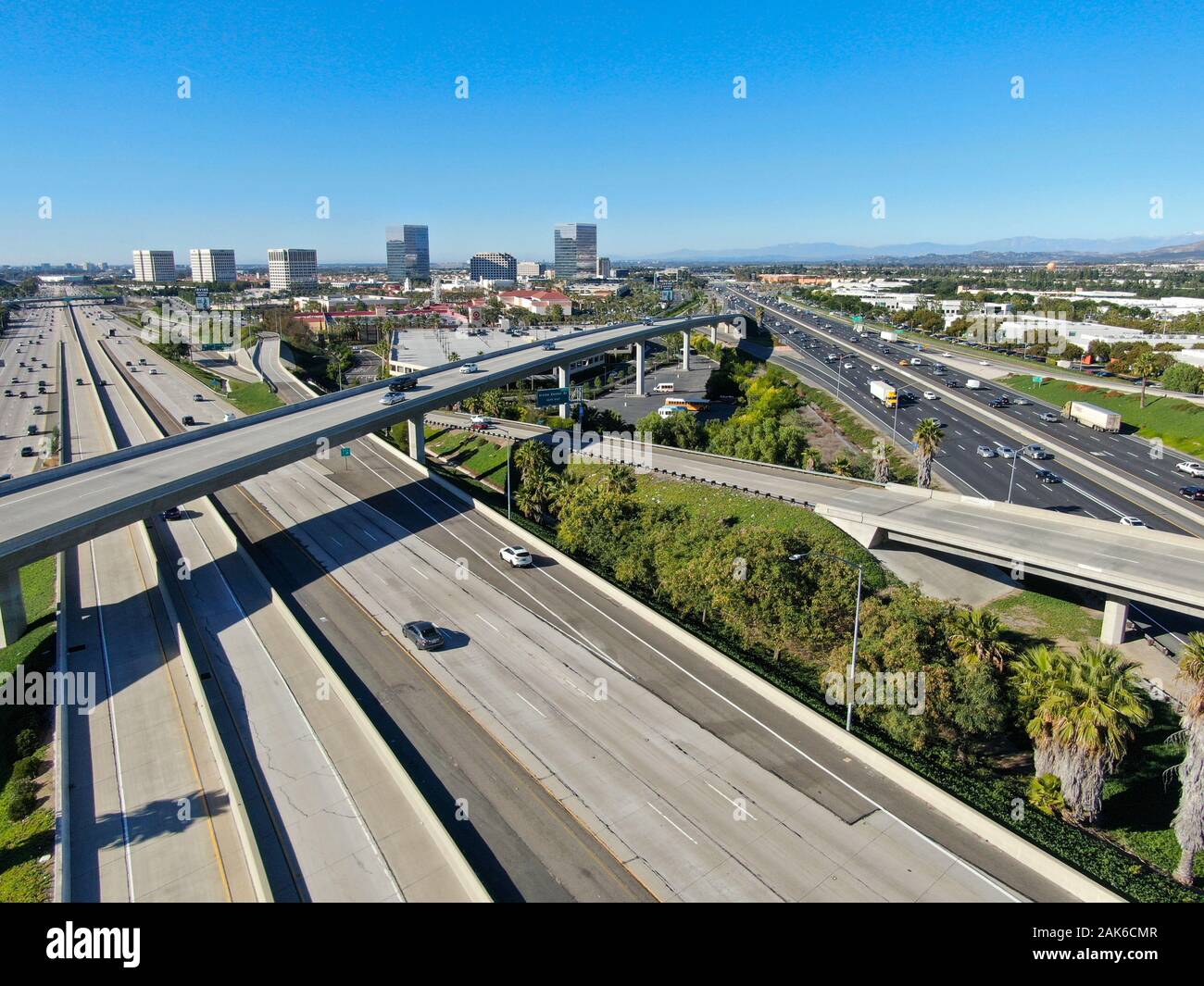 Aerial view of highway transportation with small traffic, highway ...
