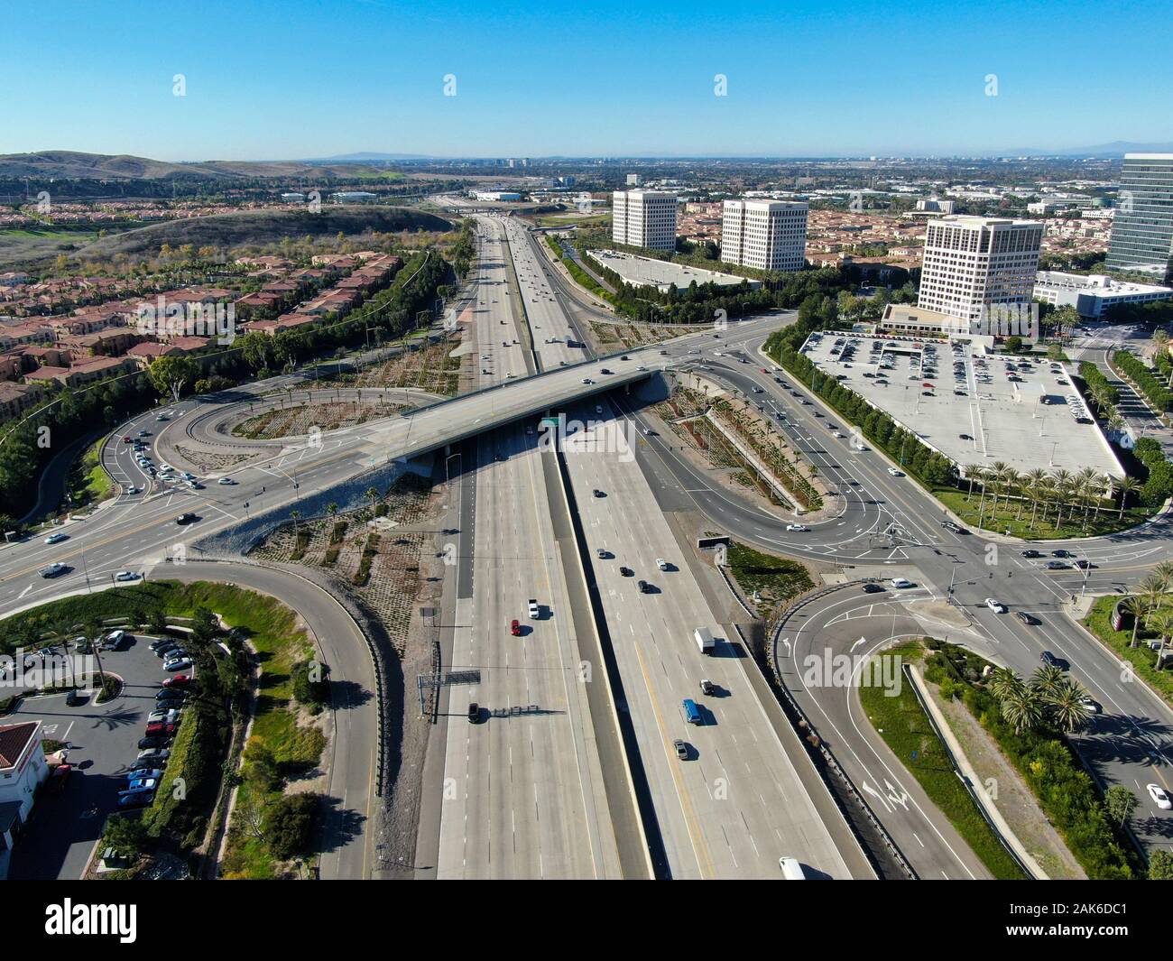 Aerial view of highway transportation with small traffic, highway ...