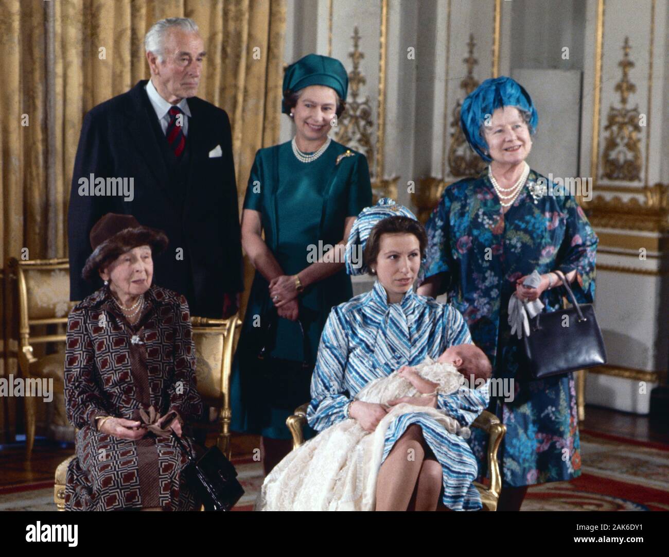 Princess Anne holding her baby son Peter Phillips in the Music Room at ...