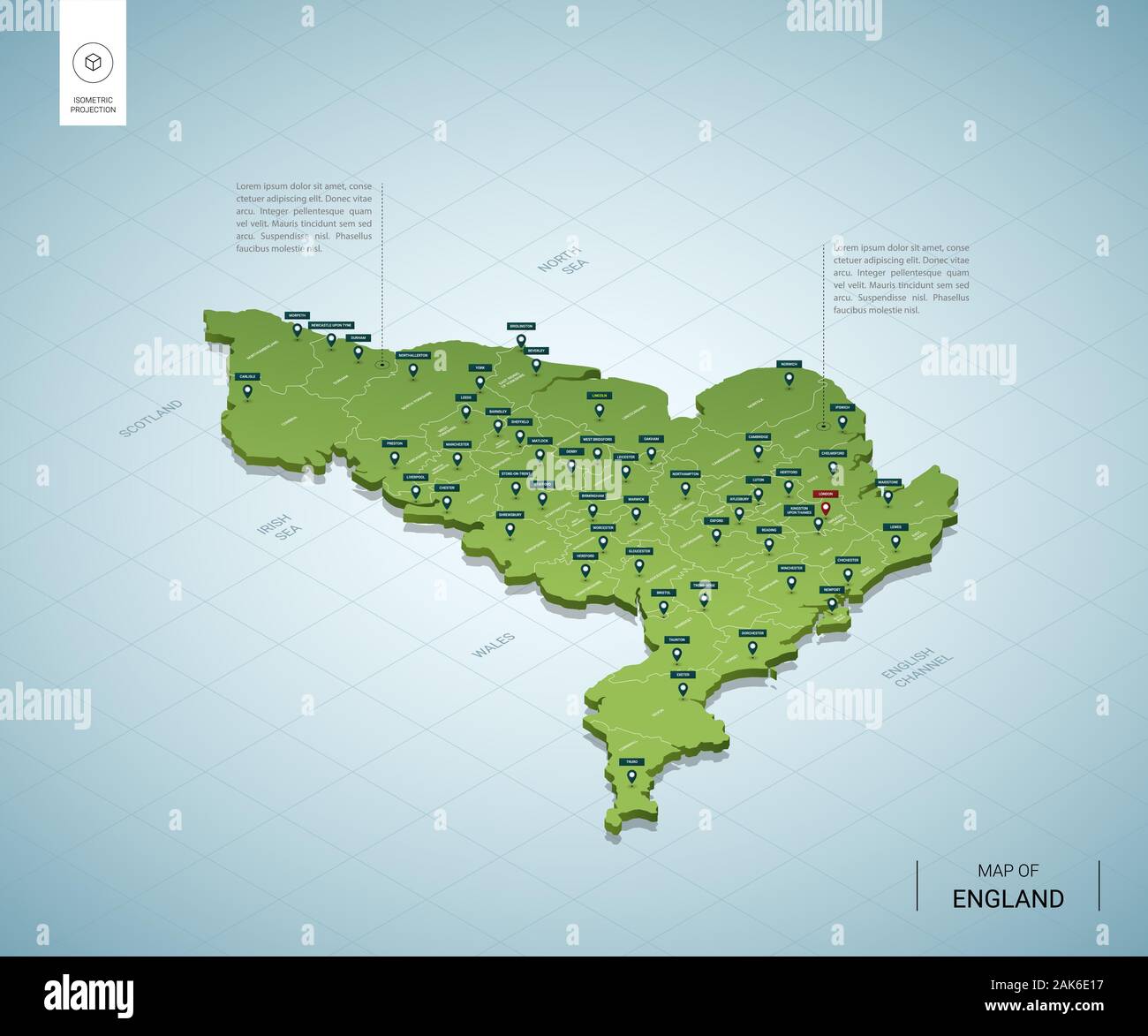 Stylized map of England. Isometric 3D green map with cities, borders ...