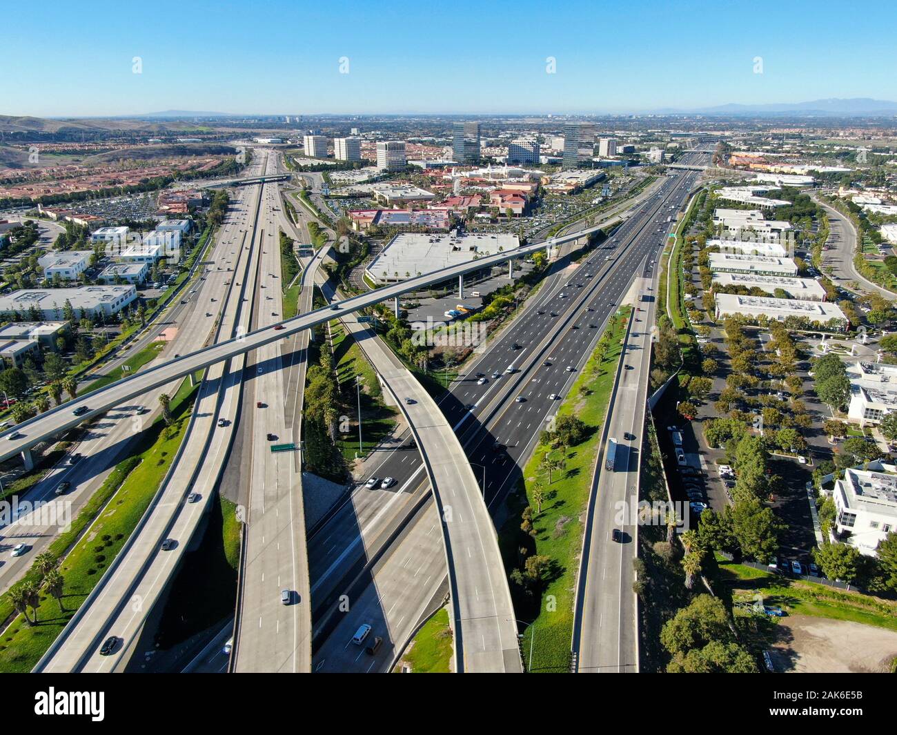 Aerial view of highway transportation with small traffic, highway ...