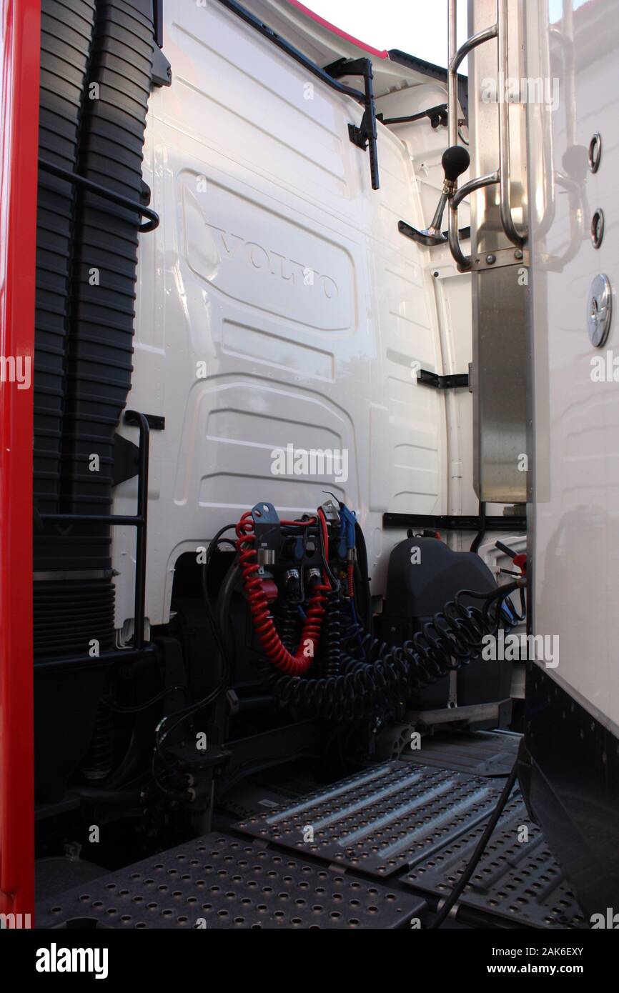 Red Volvo truck - brand new Stock Photo - Alamy