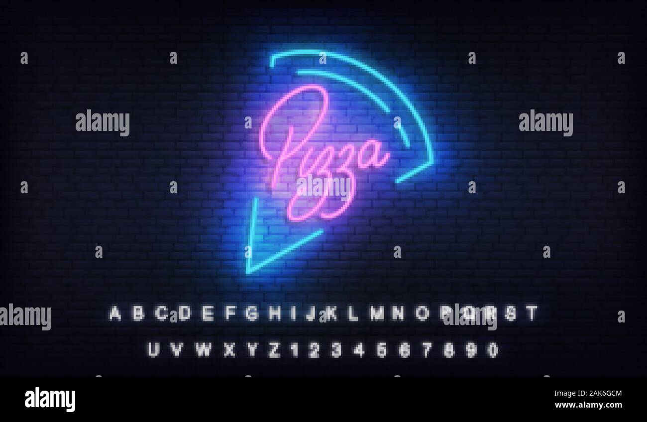 Pizza neon. Glowing lettering sign for Pizza cafe restaurant Stock ...