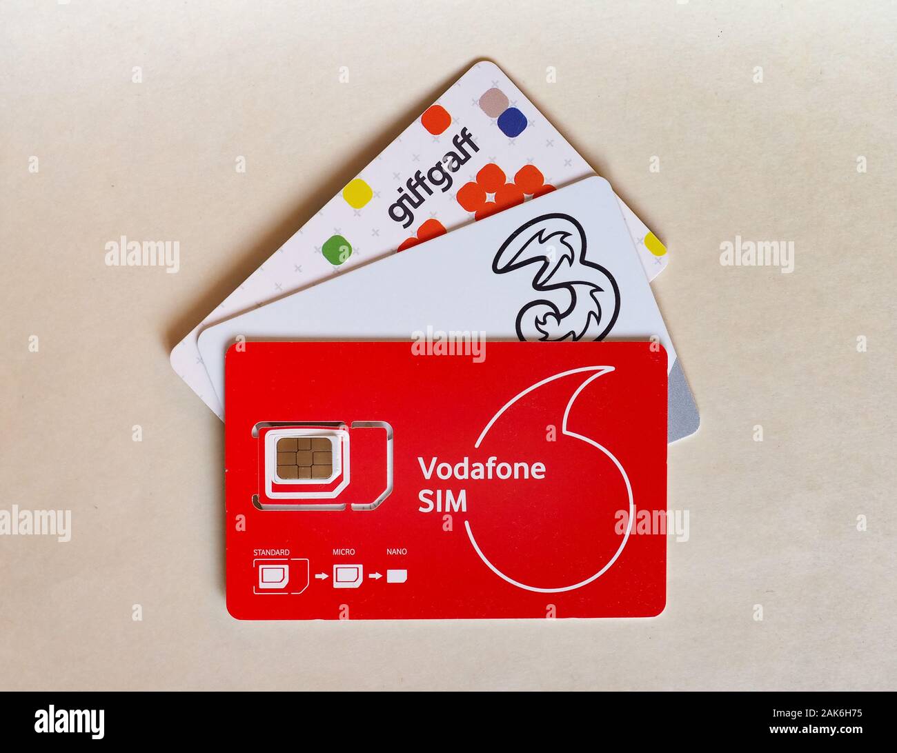 LONDON, UK - CIRCA OCTOBER 2019: Vodafone, Three and Giffgaff mini ...