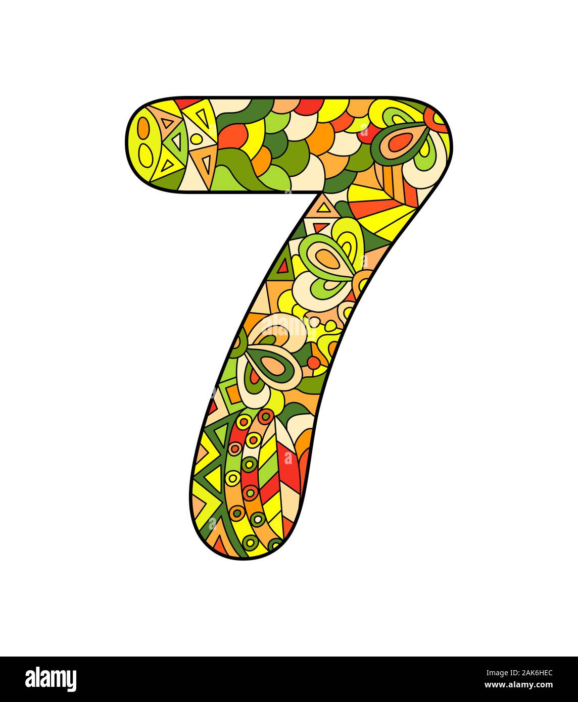 Color vector illustration of the number seven in the style of Zentangle ...