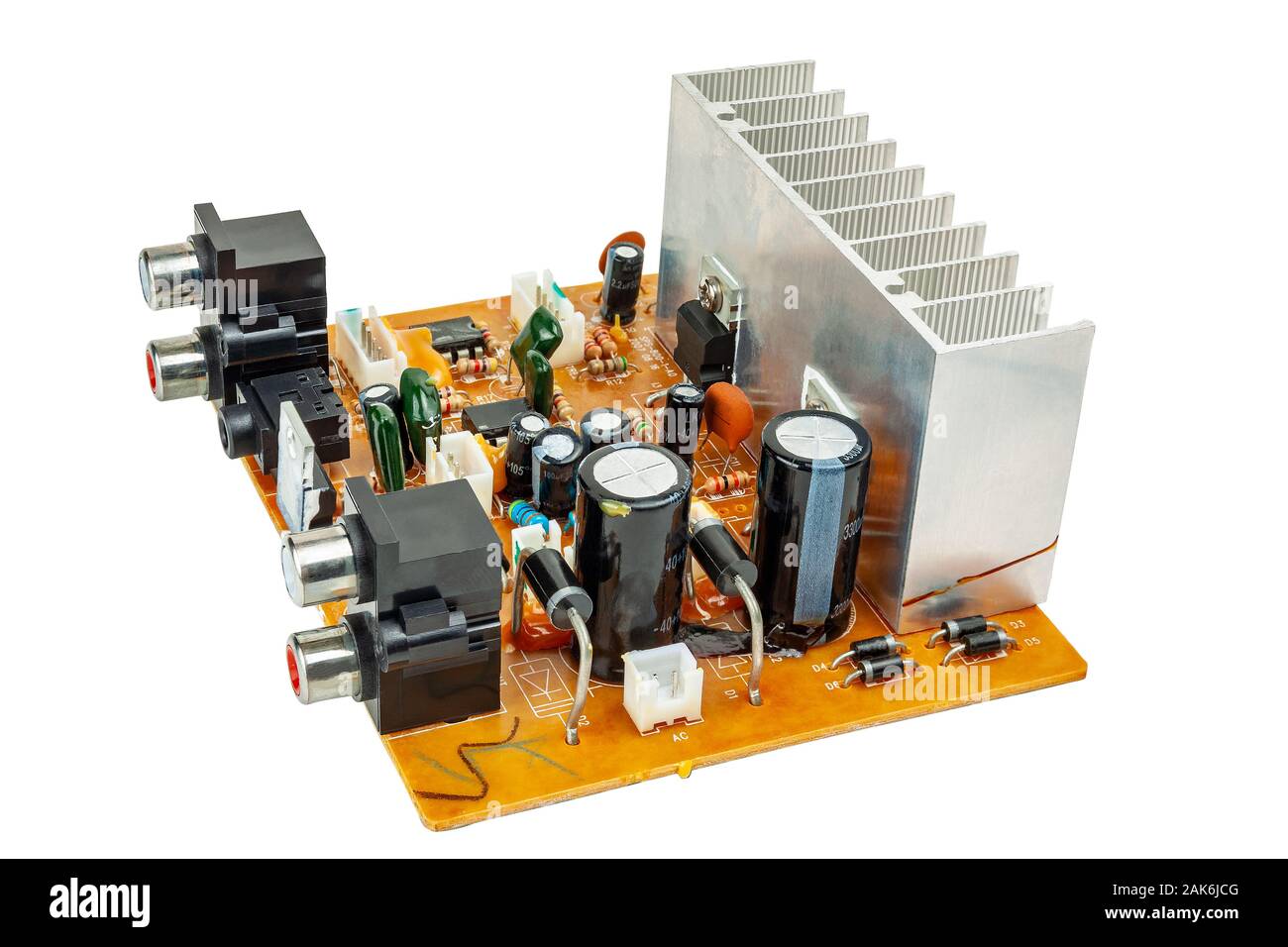Electronic circuit board of audio amplifier close-up on a white ...