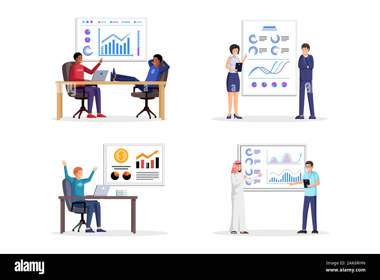 People making presentation vector set. Corporate report with charts ...