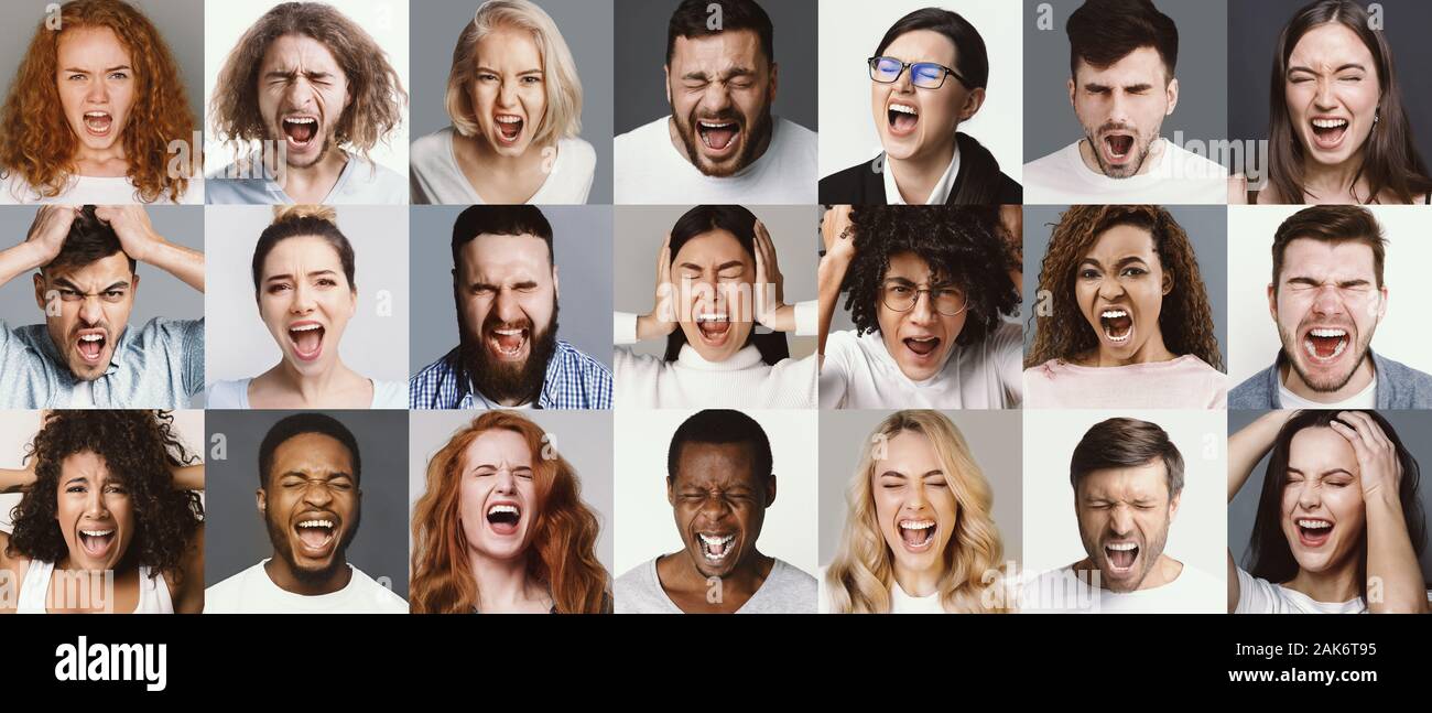 Emotional scream concept. Collage of multiethnic group of people ...