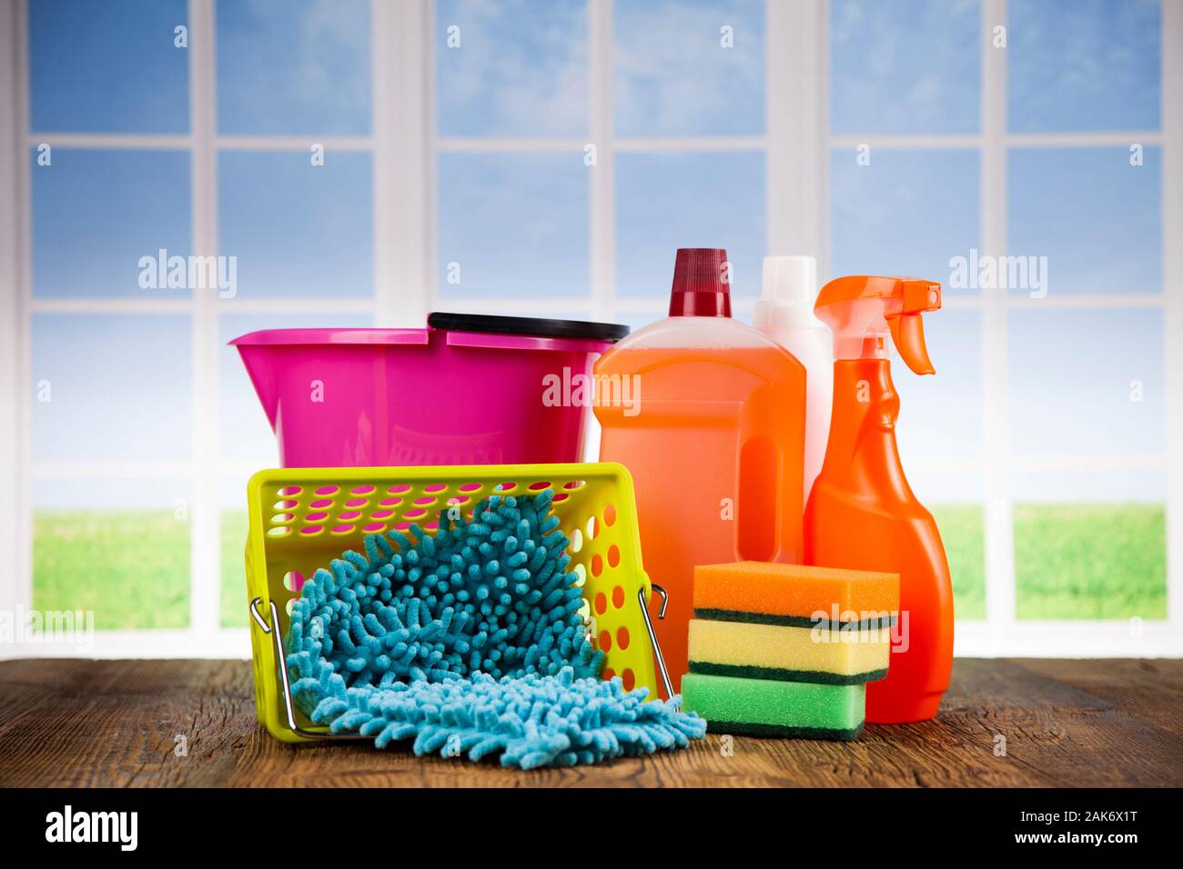 Cleaning Equipment and window background Stock Photo - Alamy