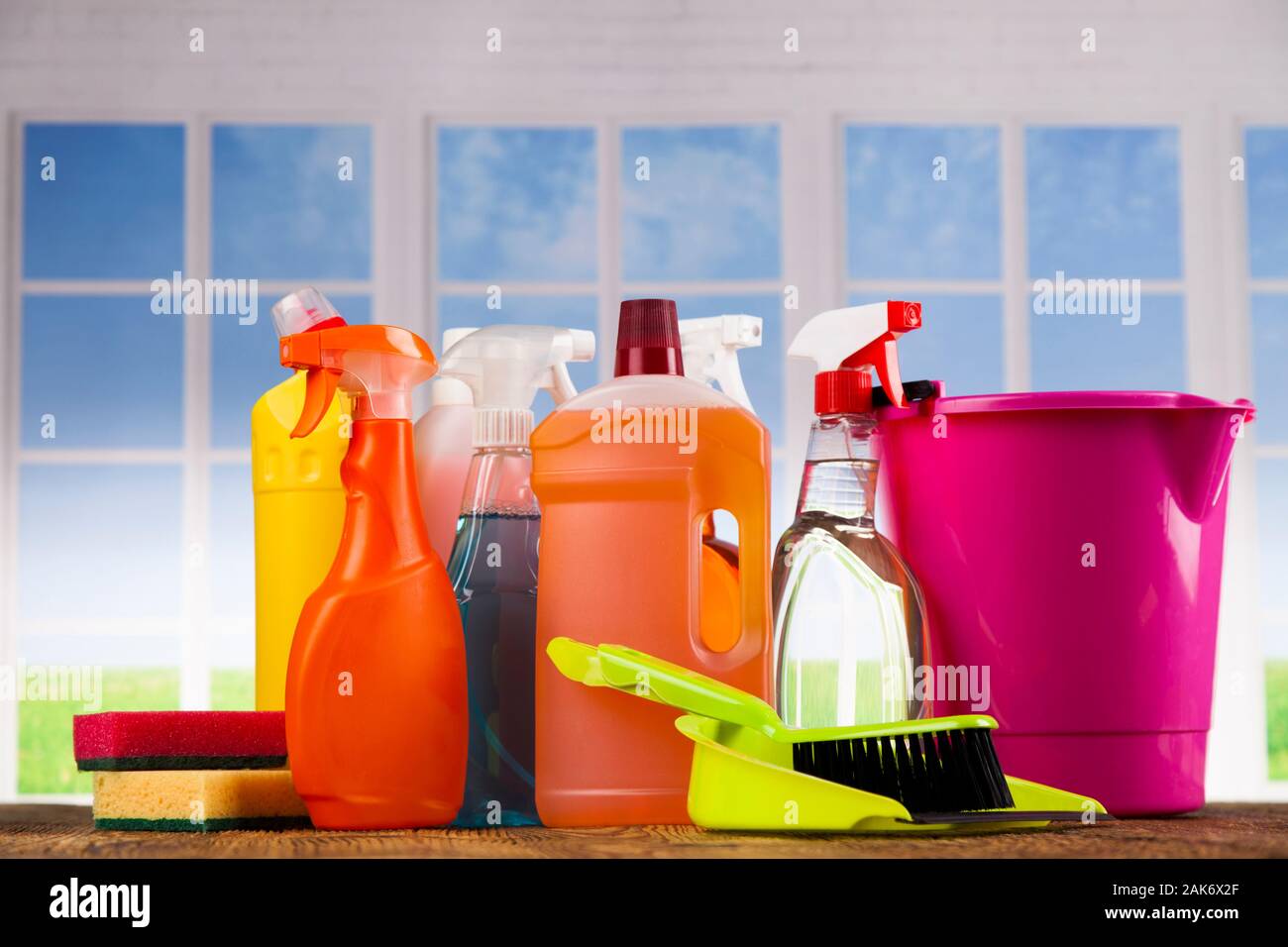 Cleaning Equipment and window background Stock Photo - Alamy