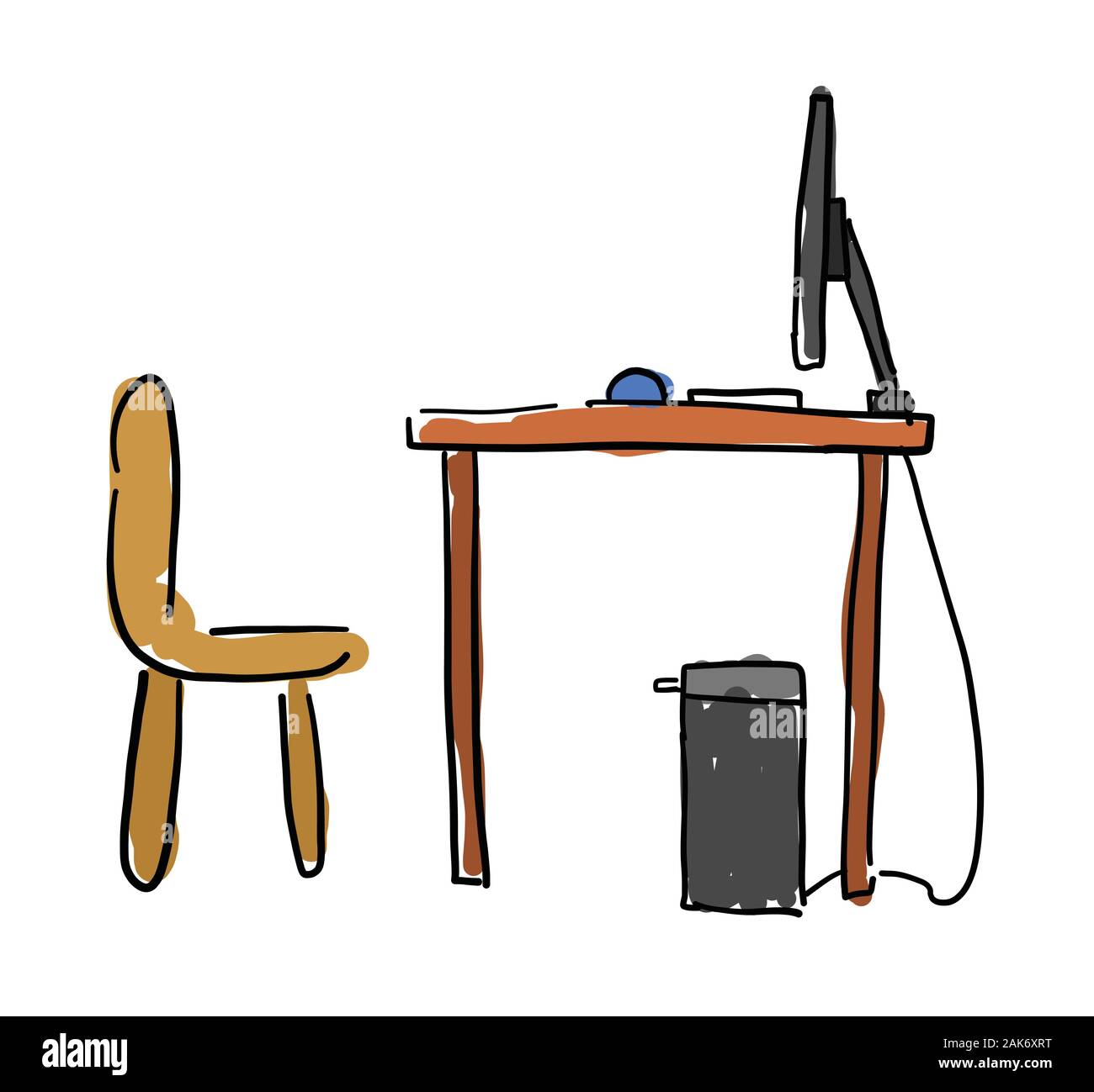 Hand drawn vector sketch illustration of computer desk and chair. White ...