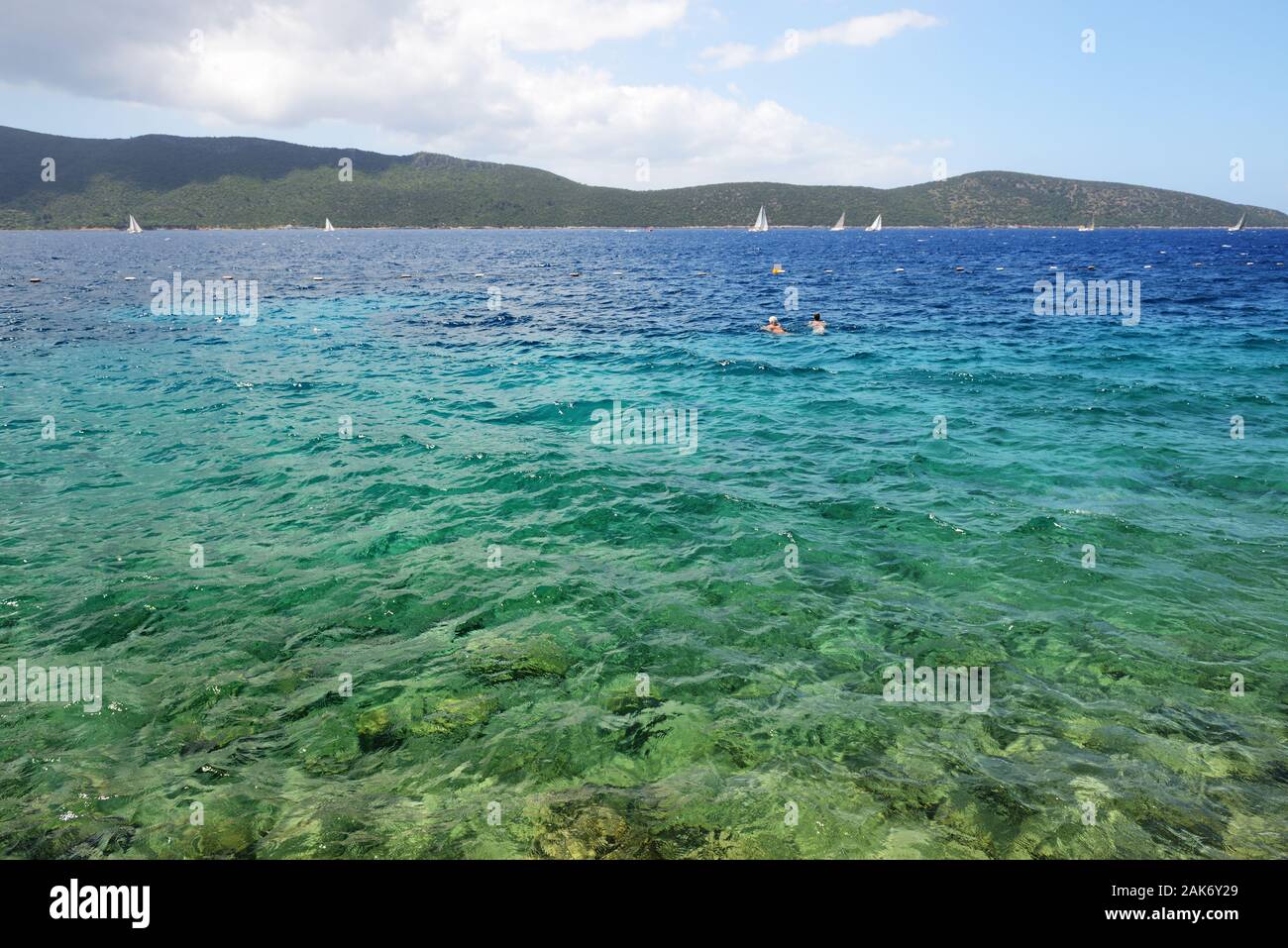 Turquoise water near beach on Mediterranean turkish resort, Bodrum ...