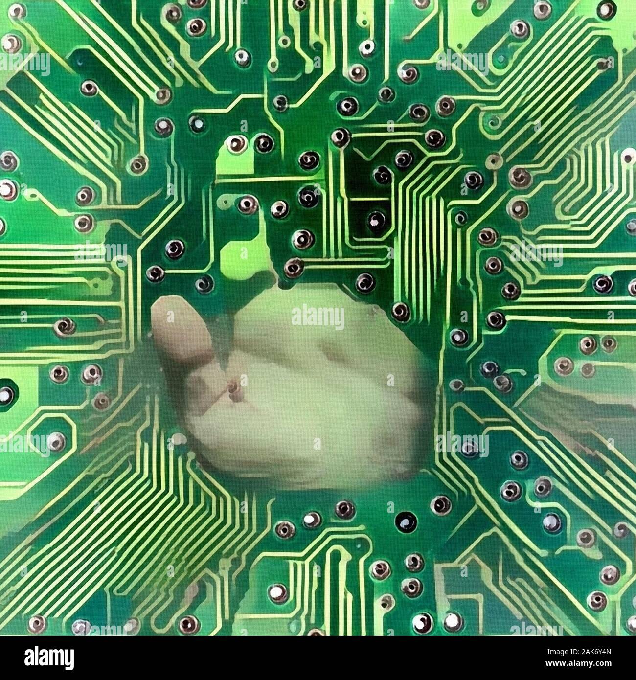 Digital hand. Modern art. Human palm on circuit board Stock Photo - Alamy