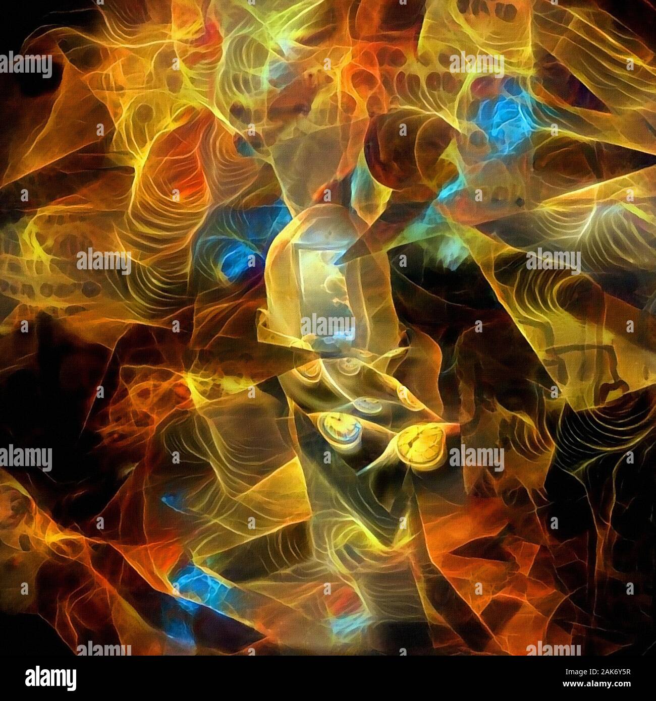 Abstract painting. Man with opened door to another world instead of his ...