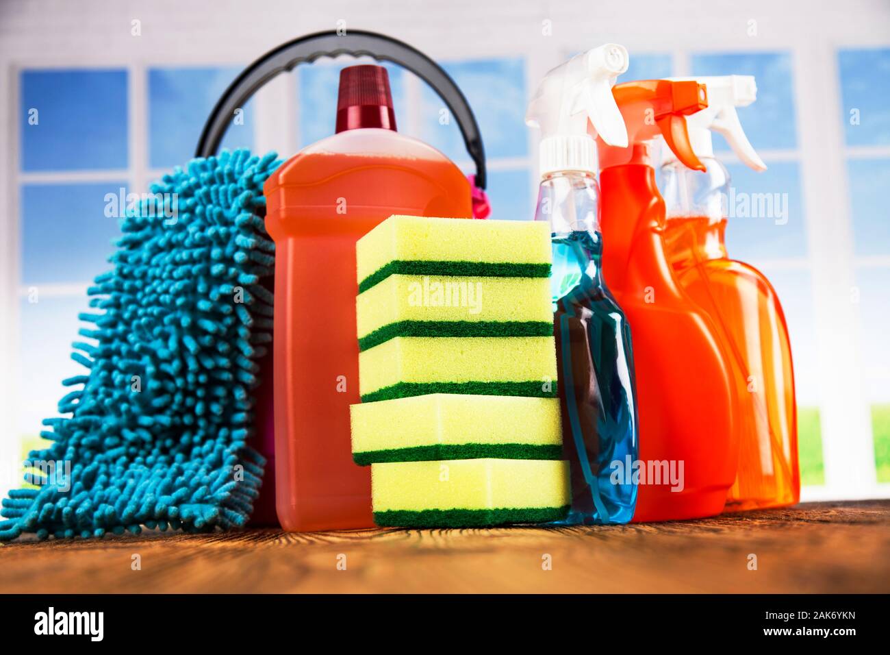 Assorted cleaning products, equipment background Stock Photo - Alamy