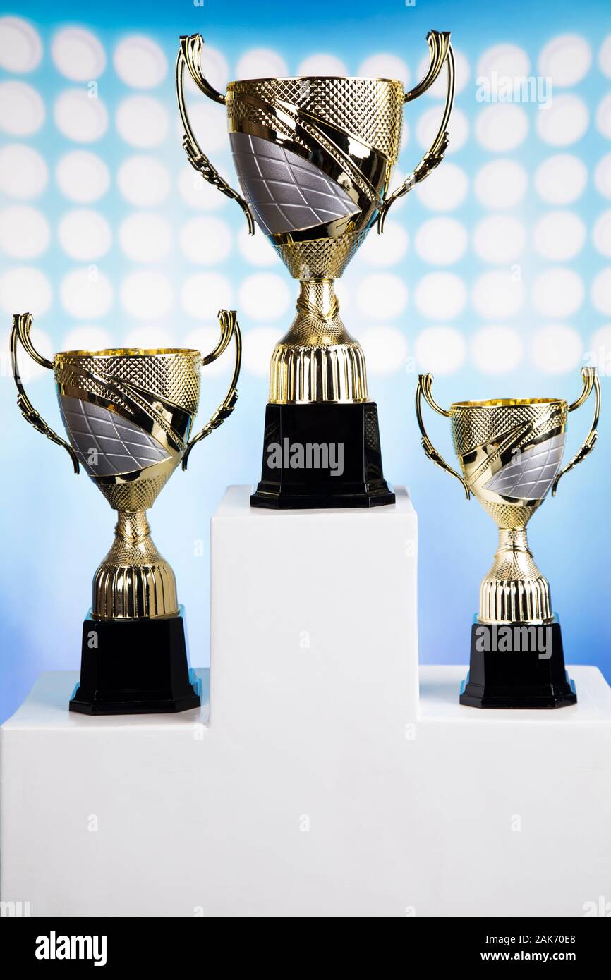 Podium for sports awards, equipment and balls Stock Photo - Alamy
