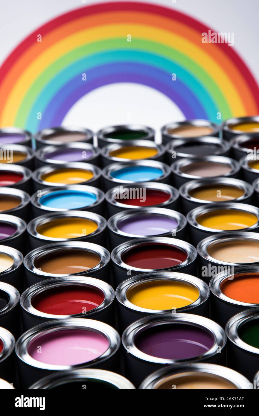 Colorful paint cans set, Painting background Stock Photo - Alamy