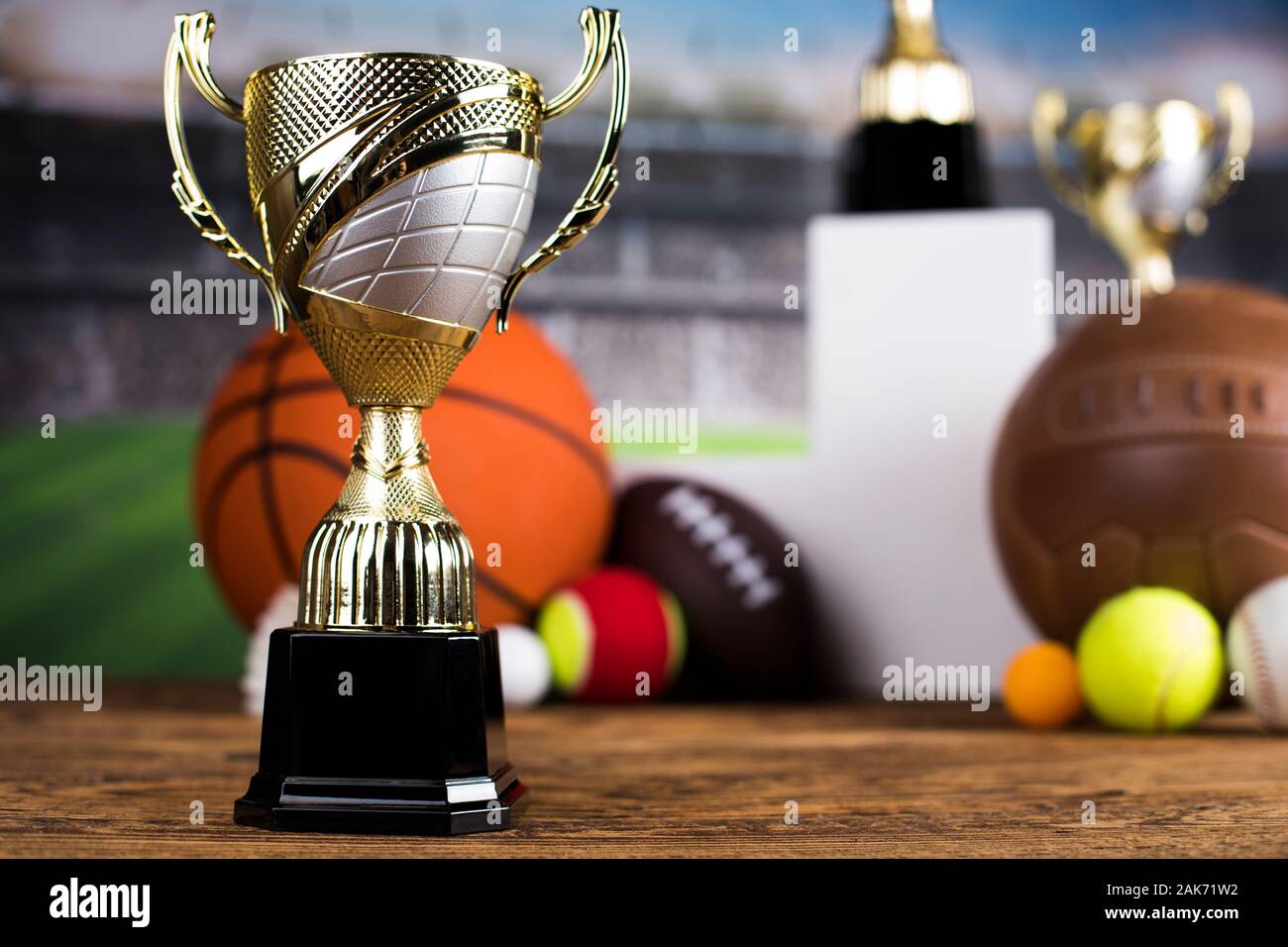 Podium for sports awards, equipment and balls Stock Photo - Alamy