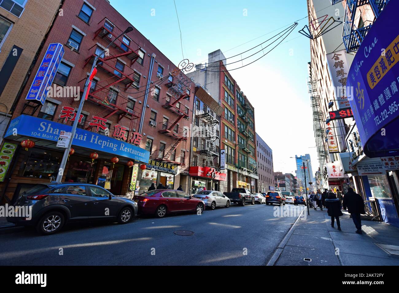 China Town, New York, NY, USA - November 30, 2019. Colorful streets in ...