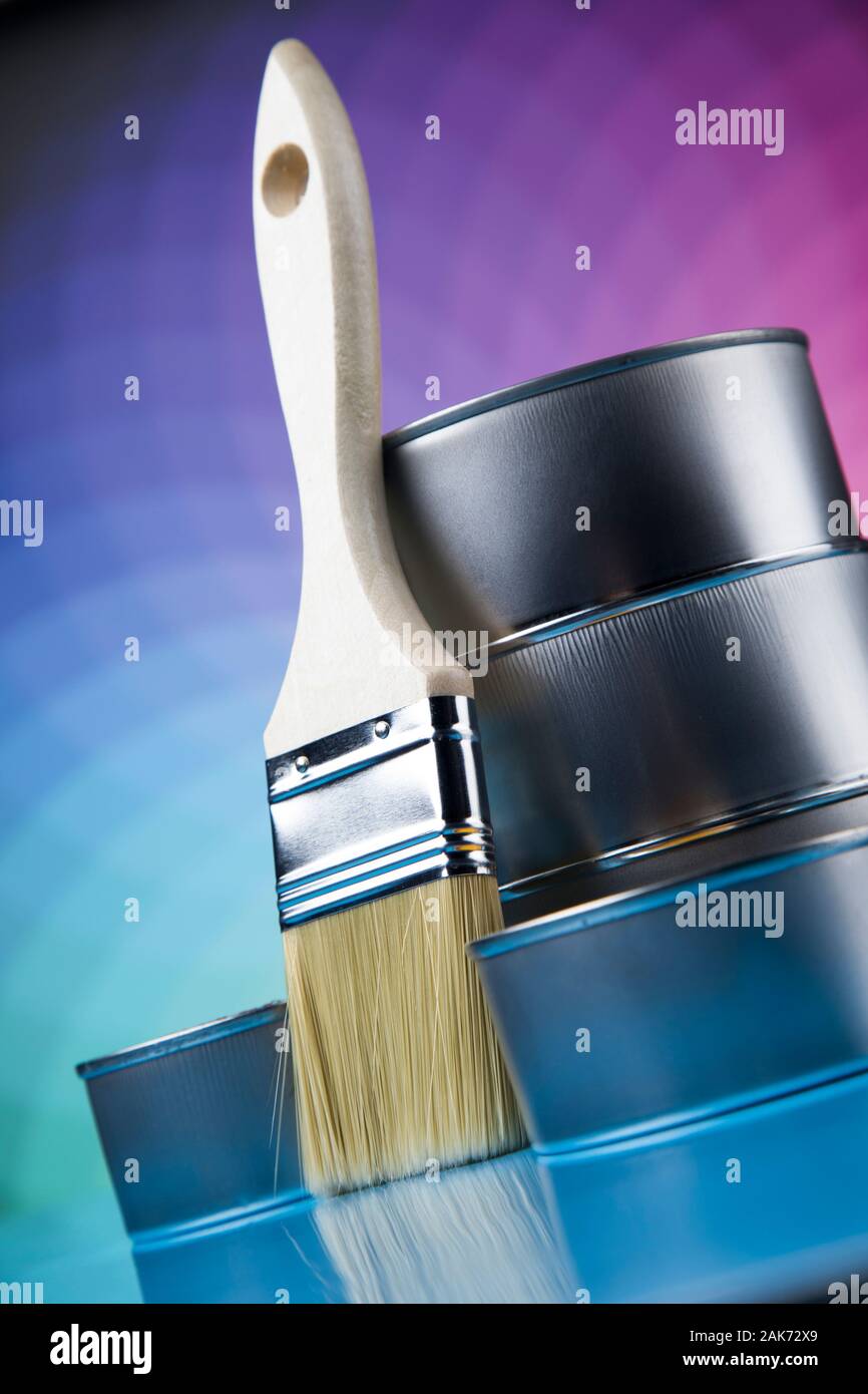Paint can and paintbrush, Rainbow colors Stock Photo - Alamy