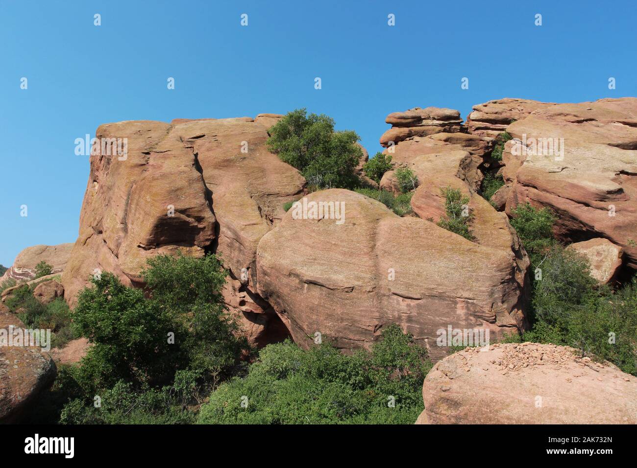 Large red rock sandstone formations with trees growing in the crevices ...