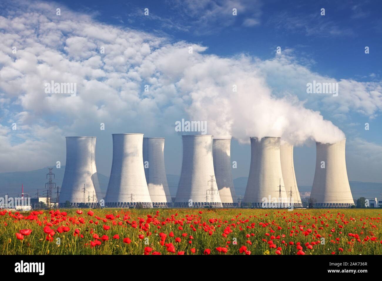 Nuclear power plant with a red field Stock Photo - Alamy