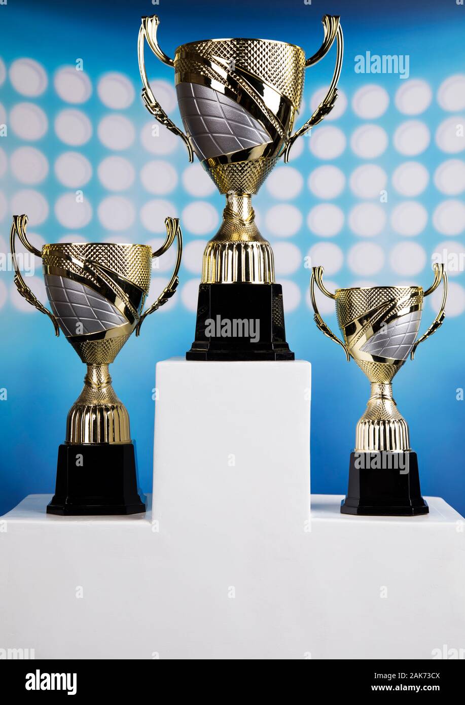 Podium for sports awards, equipment and balls Stock Photo - Alamy