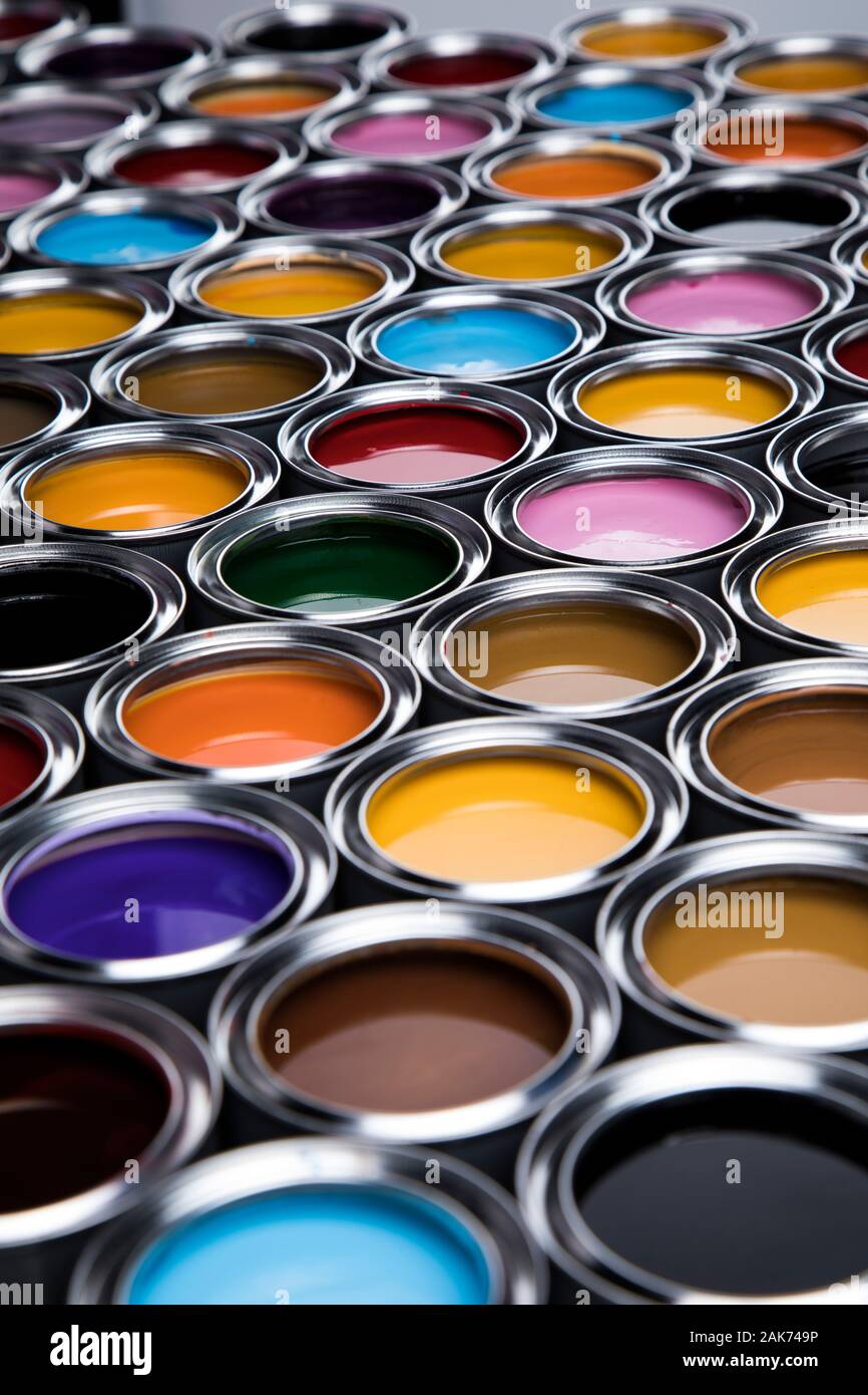 Colorful paint cans set, Painting background Stock Photo - Alamy