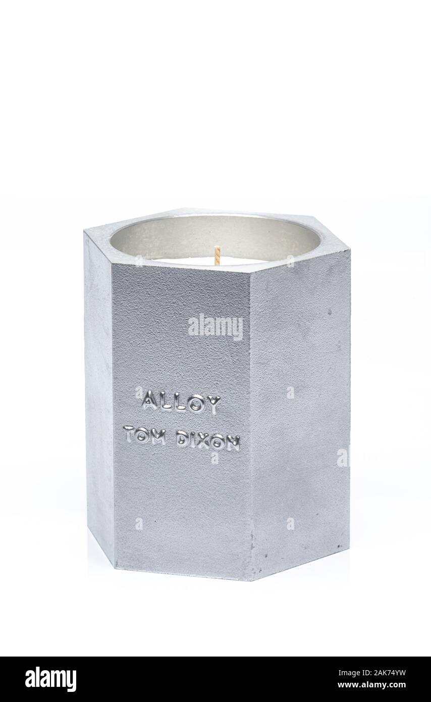 Tom Dixon Alloy Scented candle isolated on a white background. 07.01.2020. Please credit Phillip Roberts Stock Photo Alamy