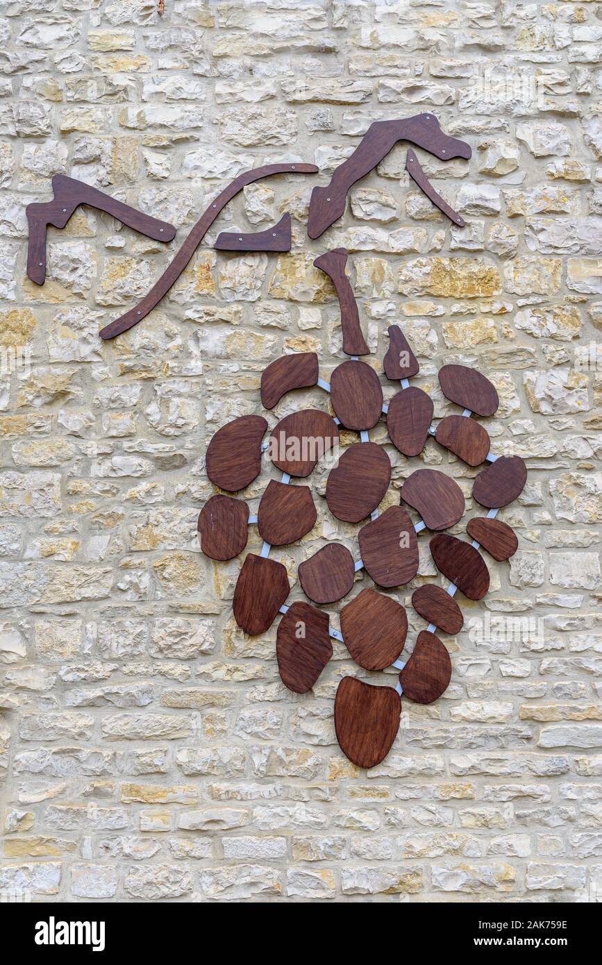 Wooden branch of grapes on a grey brick wall Stock Photo - Alamy