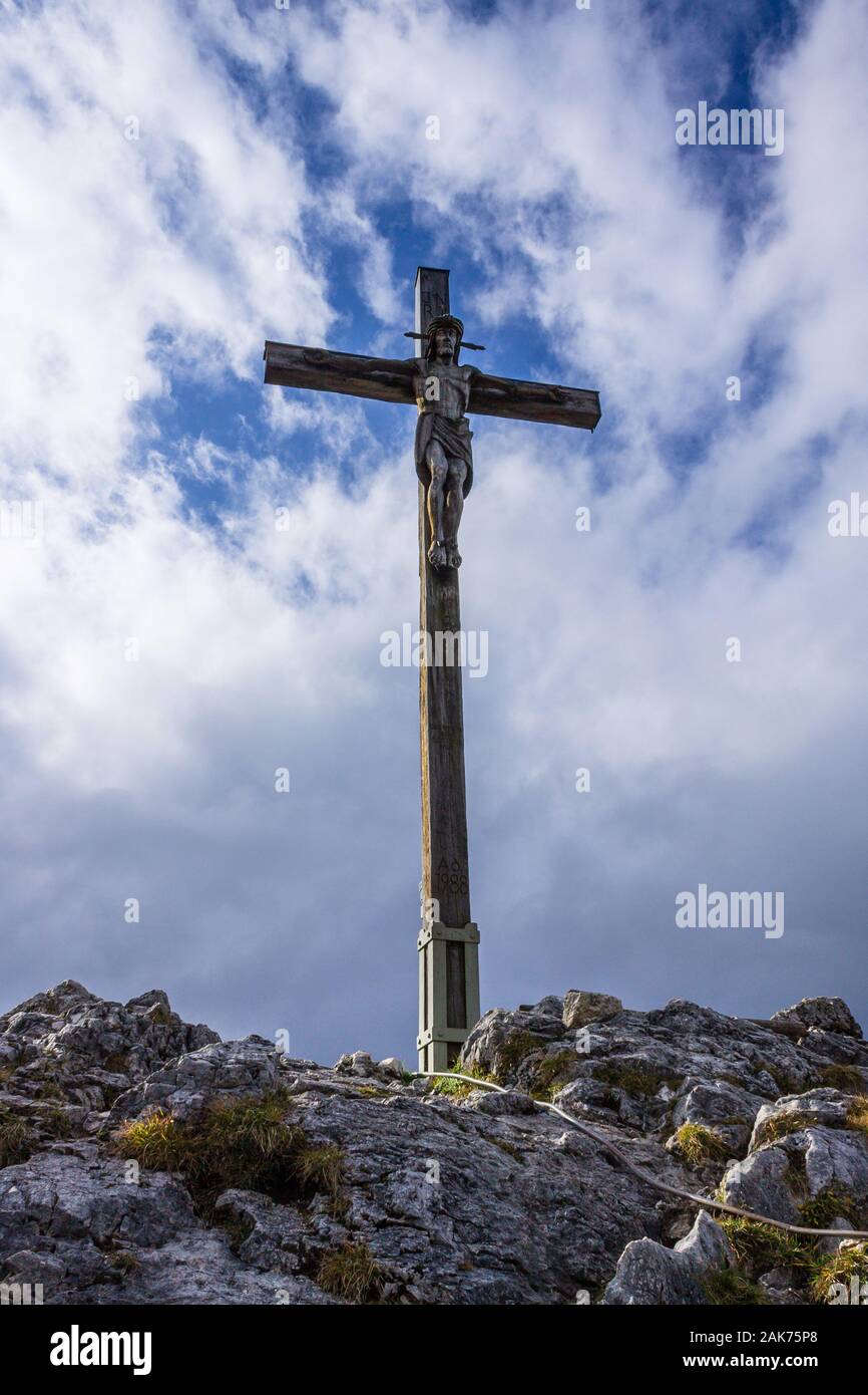 Top and Summit Cross of Mount Kofel, 1342 m in Ammergauer Alps ...