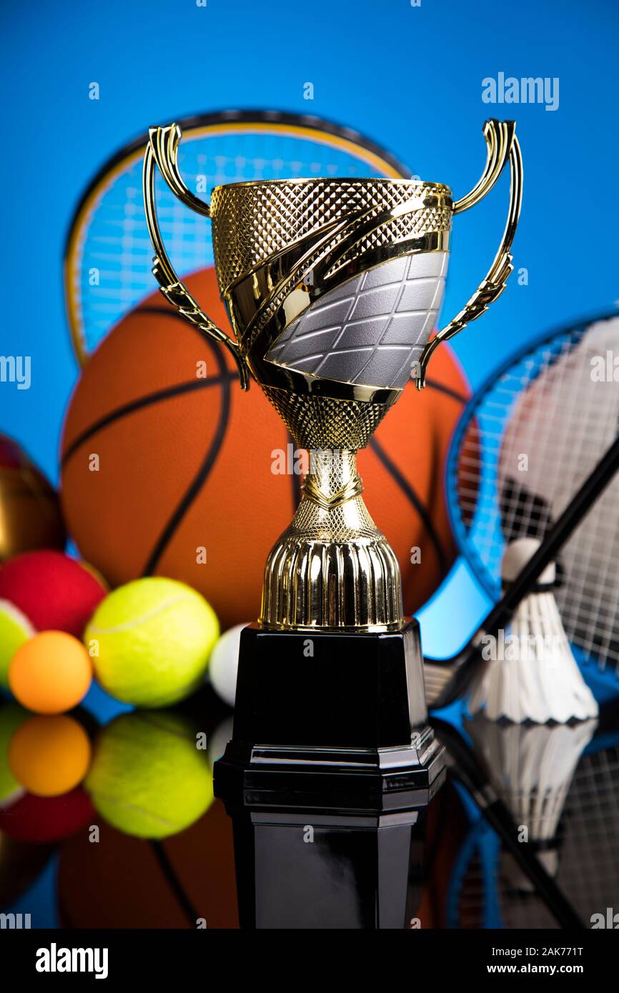 Winning trophy championship award, sport stadium background Stock Photo ...