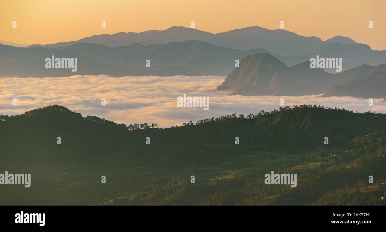 Chaukori, Uttarakhand/India - April 2019:A landscape with a line of ...