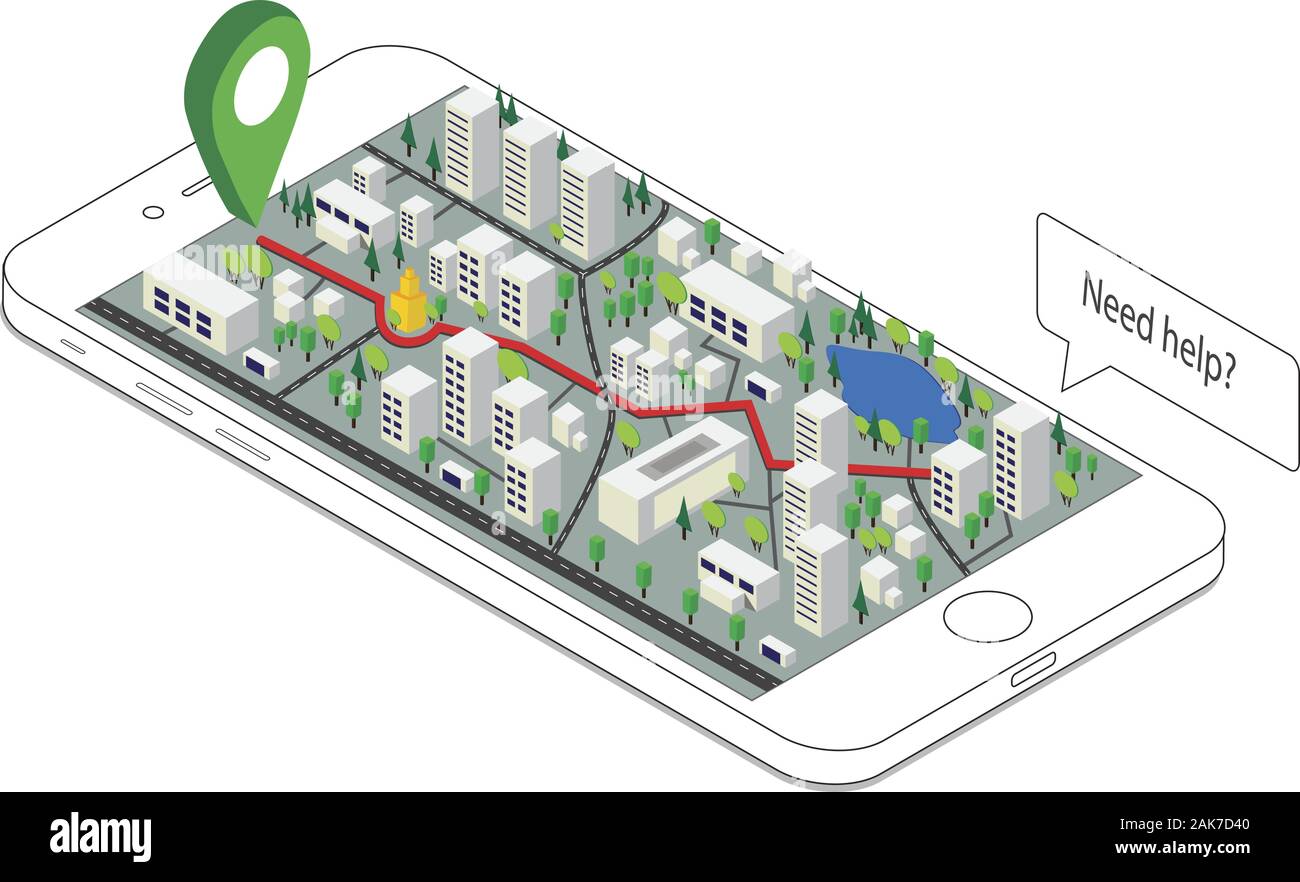 3d Isometric Mobile Gps Navigation Concept Smartphone With City Map Application And Marker Pin