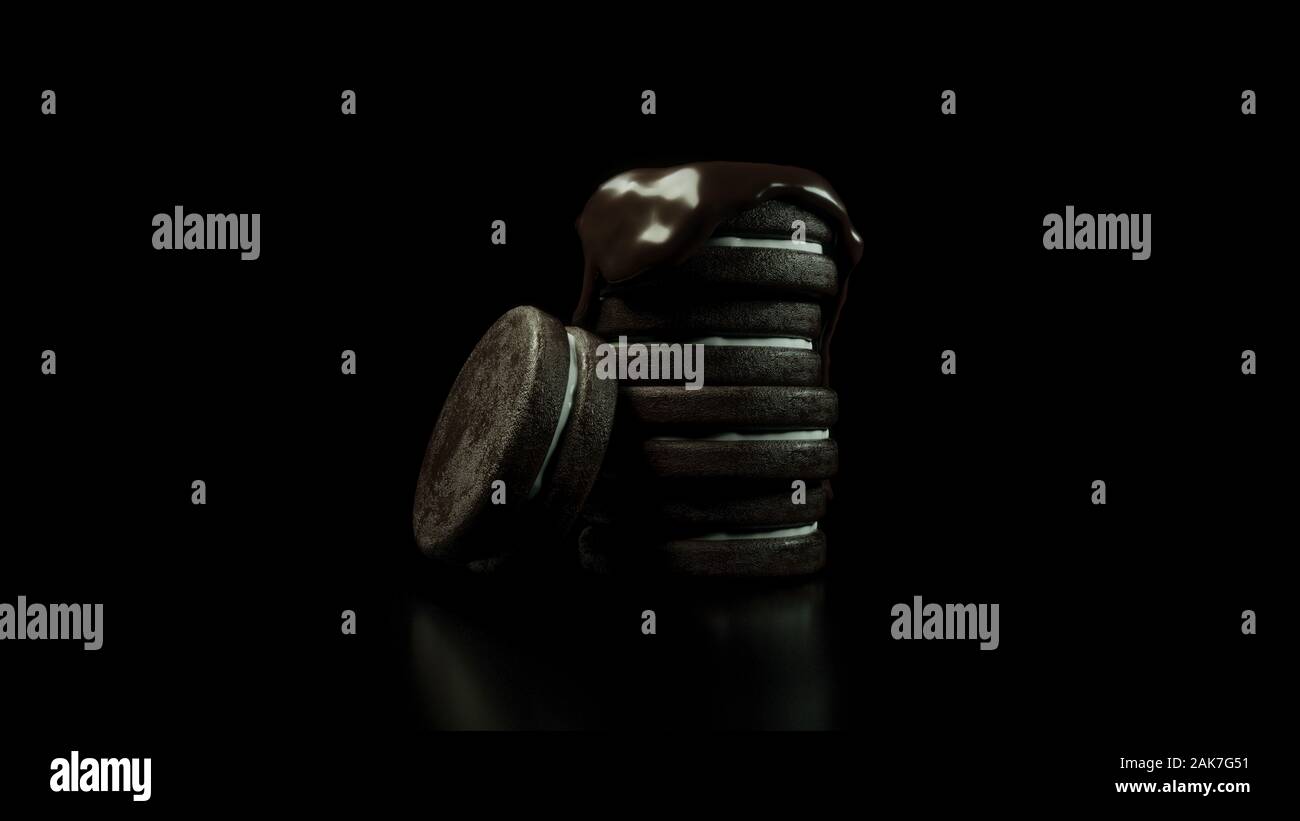 Creamy chocolate biscuits on black isolated background. 3D Rendering ...