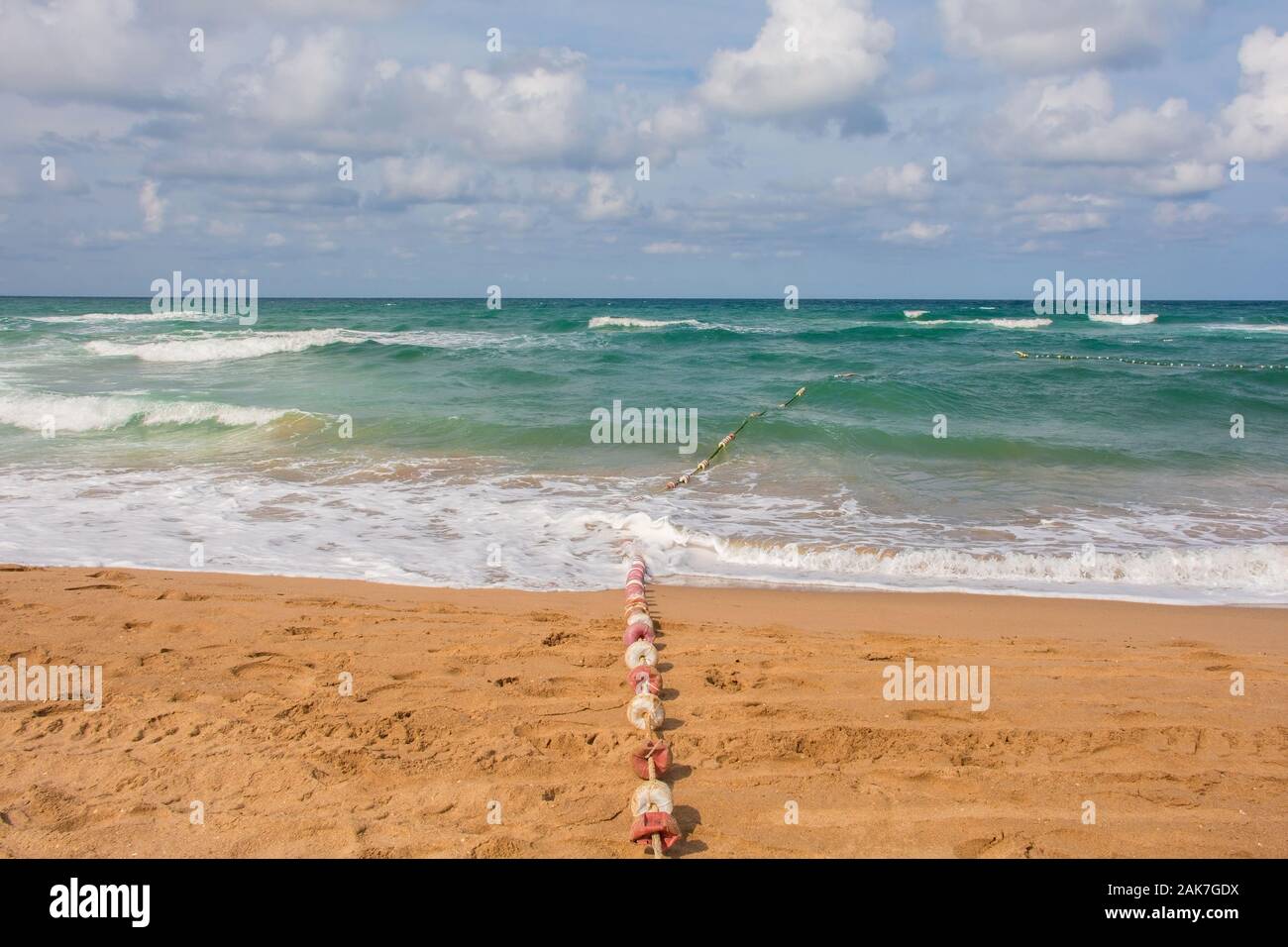 A line of buoys on Agva beach on the Black Sea coast in the Sile ...